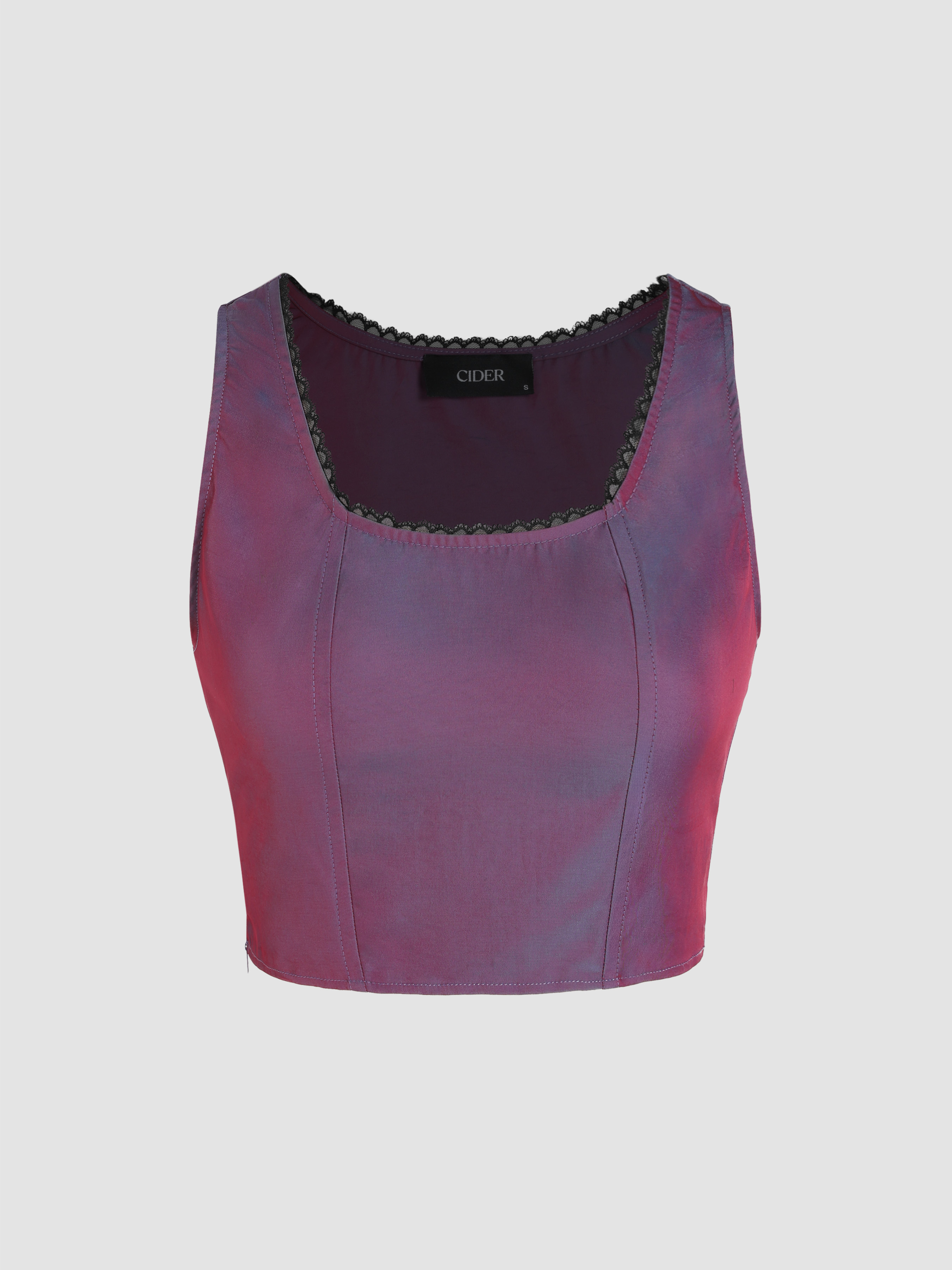 Woven Lace Trim Round Neckline Crop Tank Top For Daily Casual Music ...