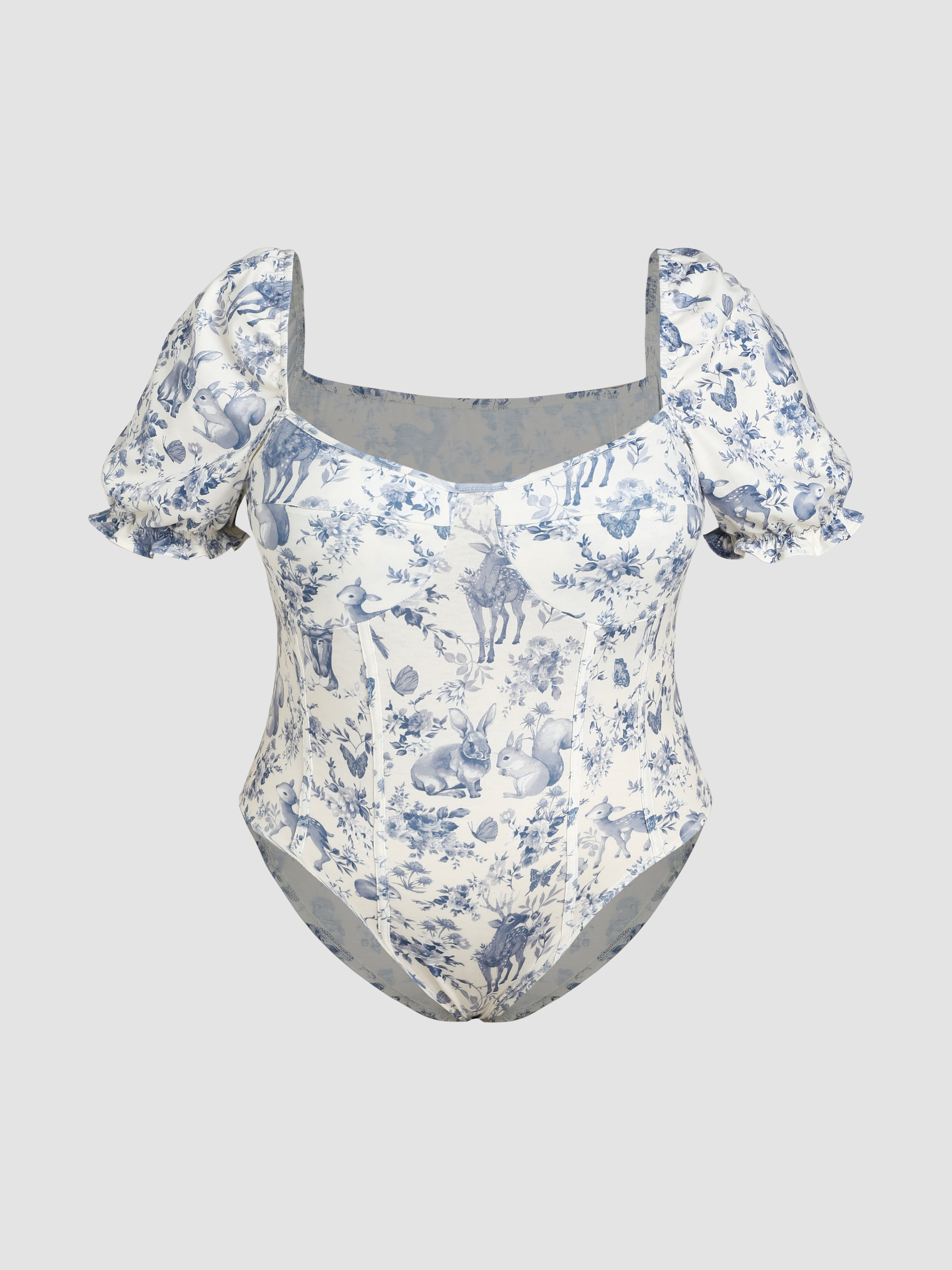 Jersey Floral & Animal Puff Sleeve Bodysuit Curve & Plus For Outdoor Date