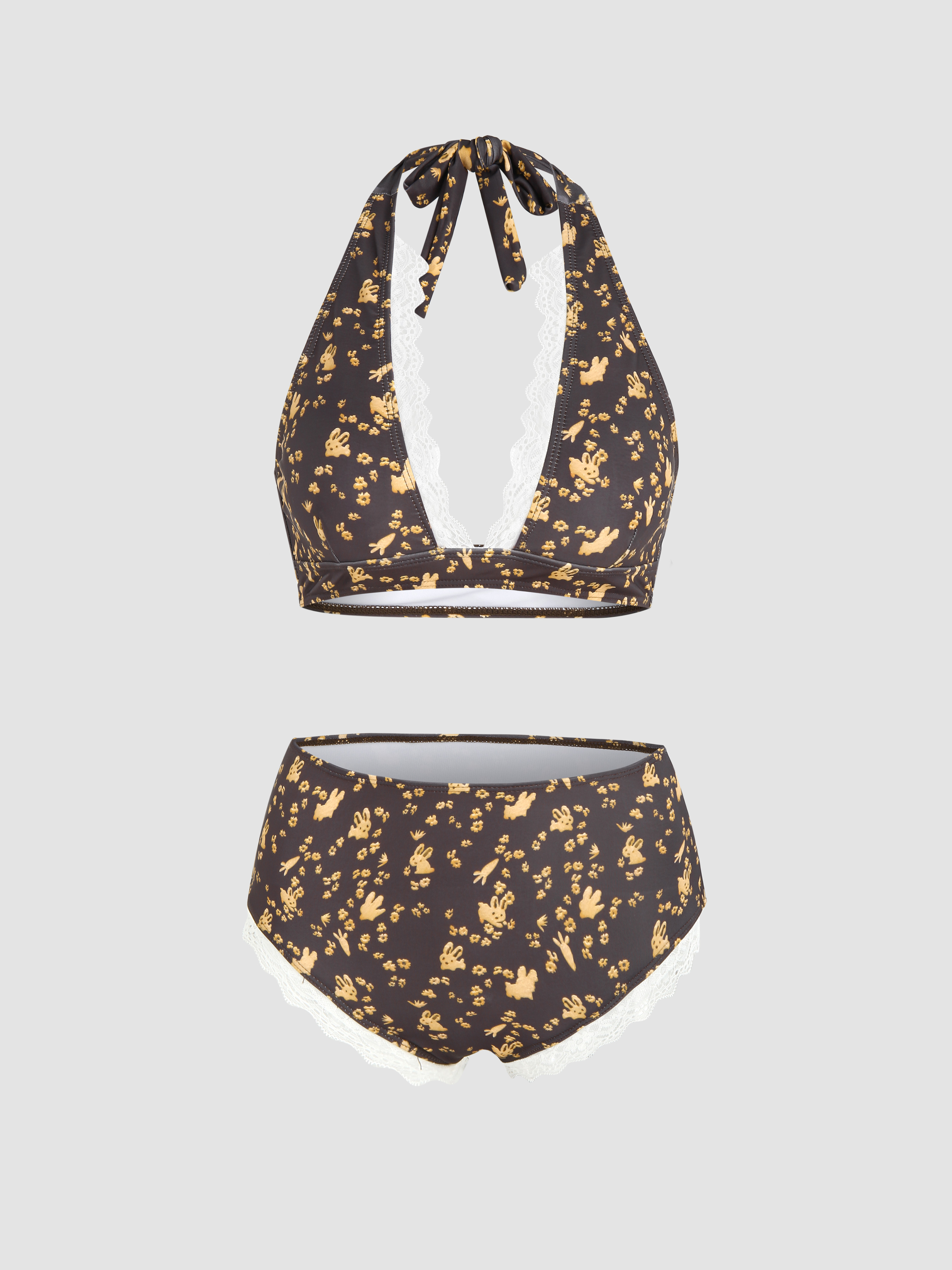 Knit Fabric Floral & Rabbit Lace Trim Bikini Swimsuit For Vacation ...