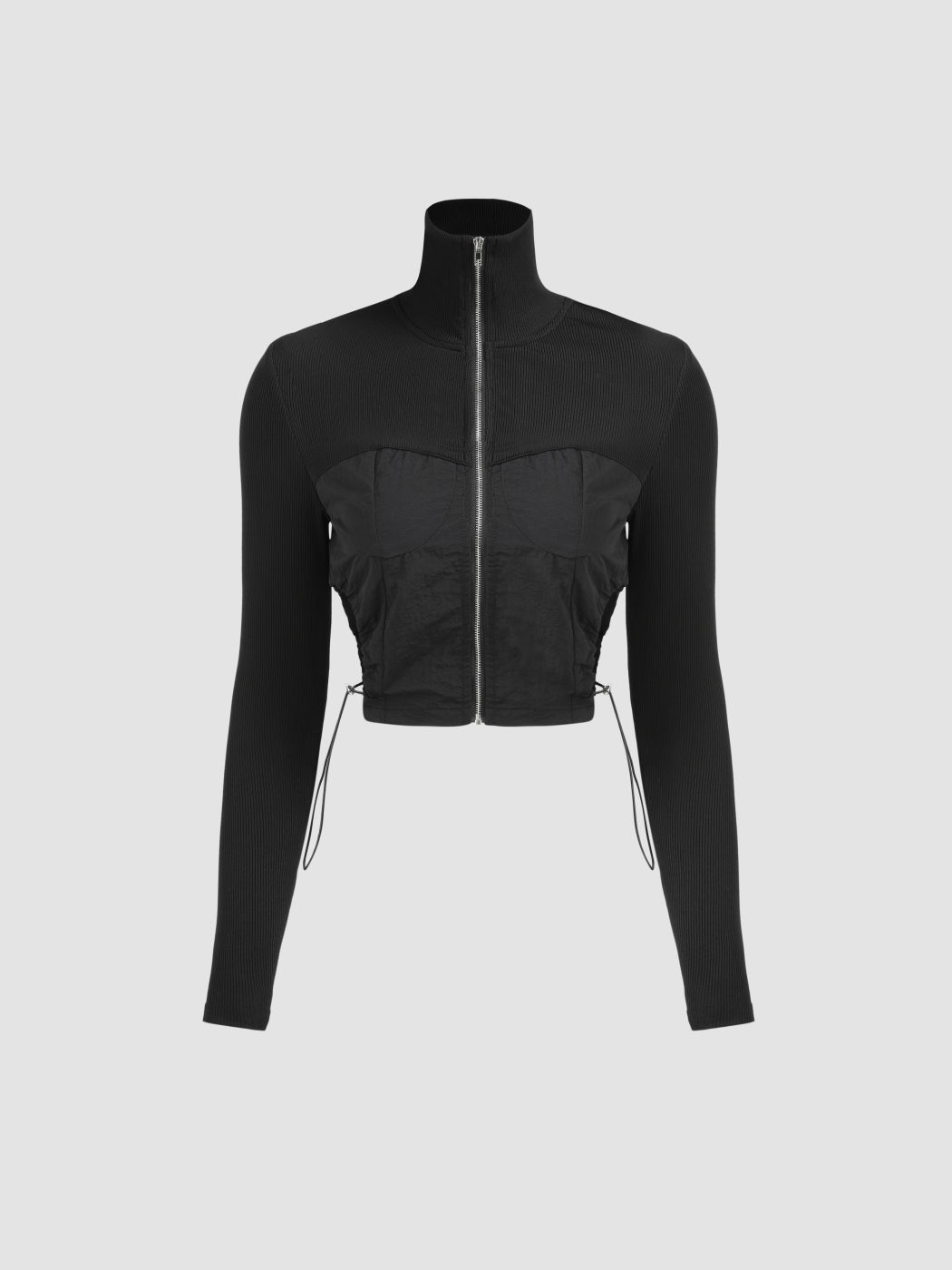 Jersey Woven Solid Collar Zip-up Drawstring Crop Top For Daily Casual ...