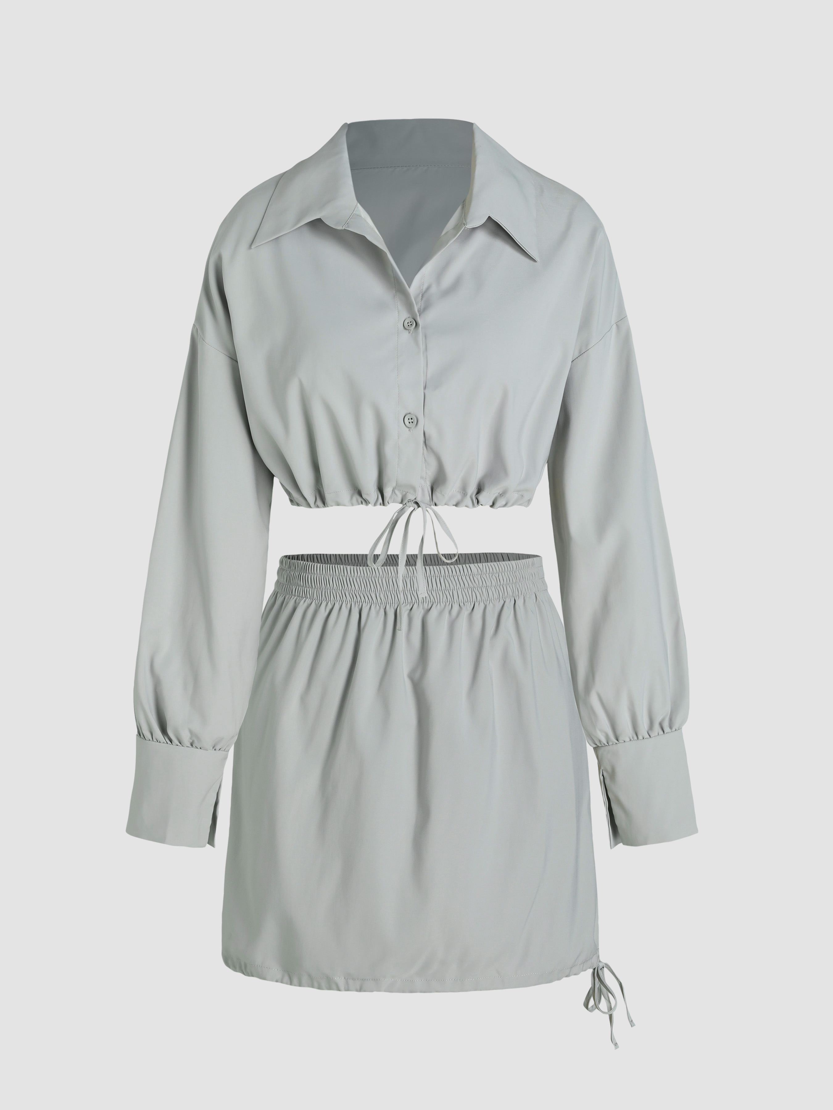 Drawstring Collar Crop Blouse & Drawstring Elastic Waist Skirts Set - Cider