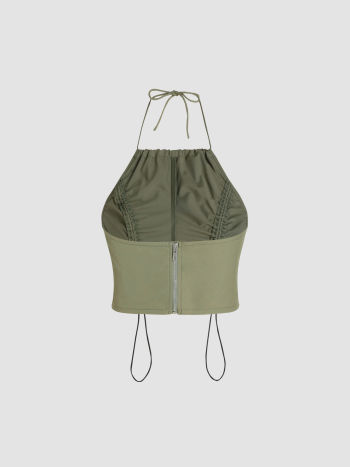 Woven Drawstring Zip Up Halter Crop Top For Daily Casual