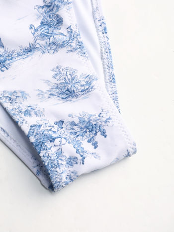 Toile de Jouy Tie Side Bikini Bottom For Vacation Swimming Pool Beach