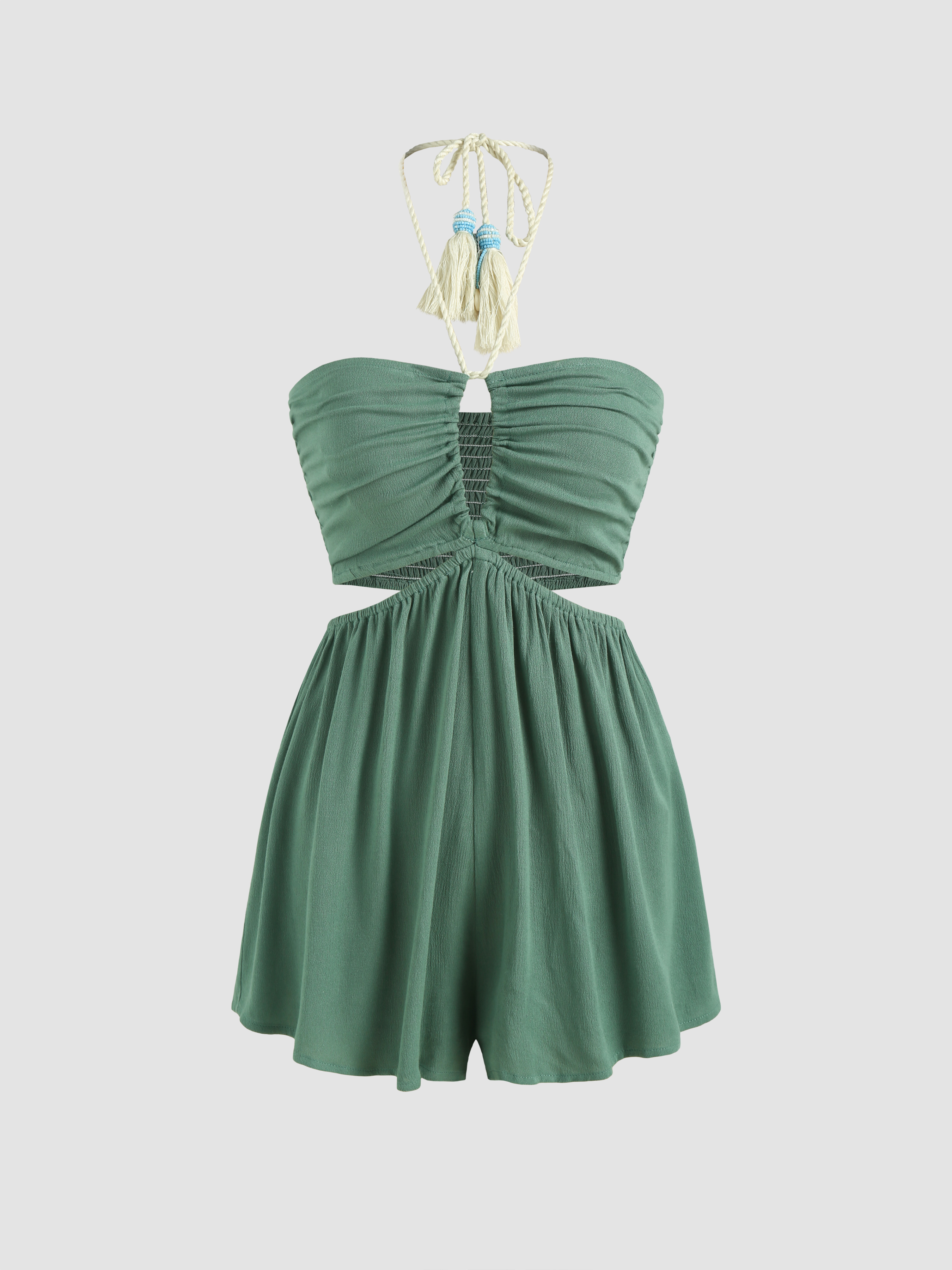Shirred Cut Out Halter Romper For Vacation