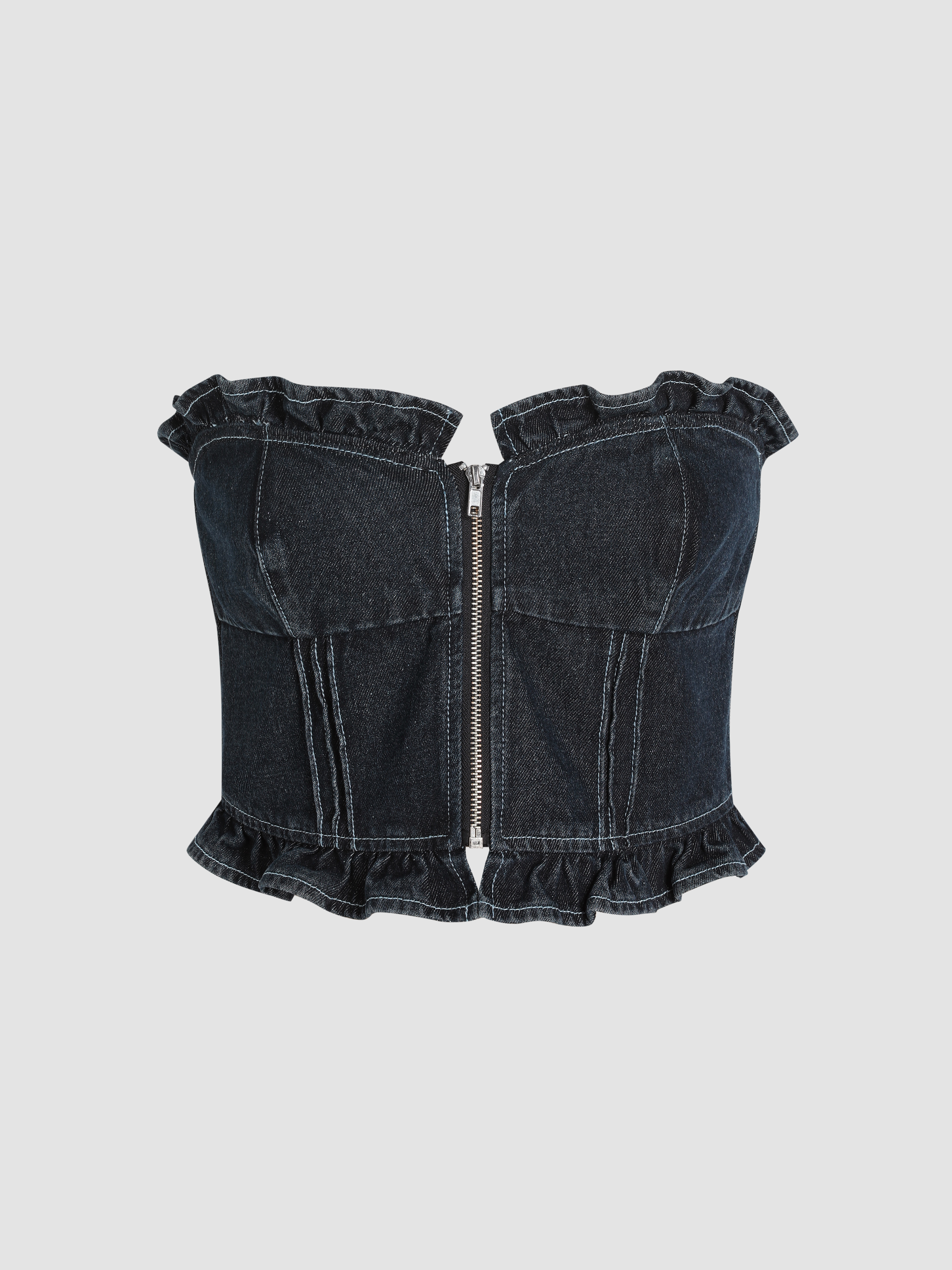 Denim Denim Zipper Up Ruffle Hem Crop Top For Daily Casual