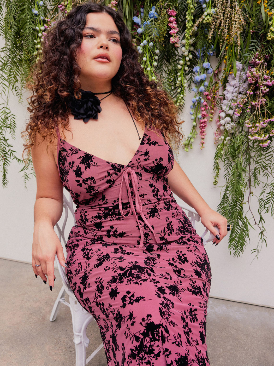 Curve And Plus V Neck Floral Mesh Maxi Dress For Date Coffee Shop