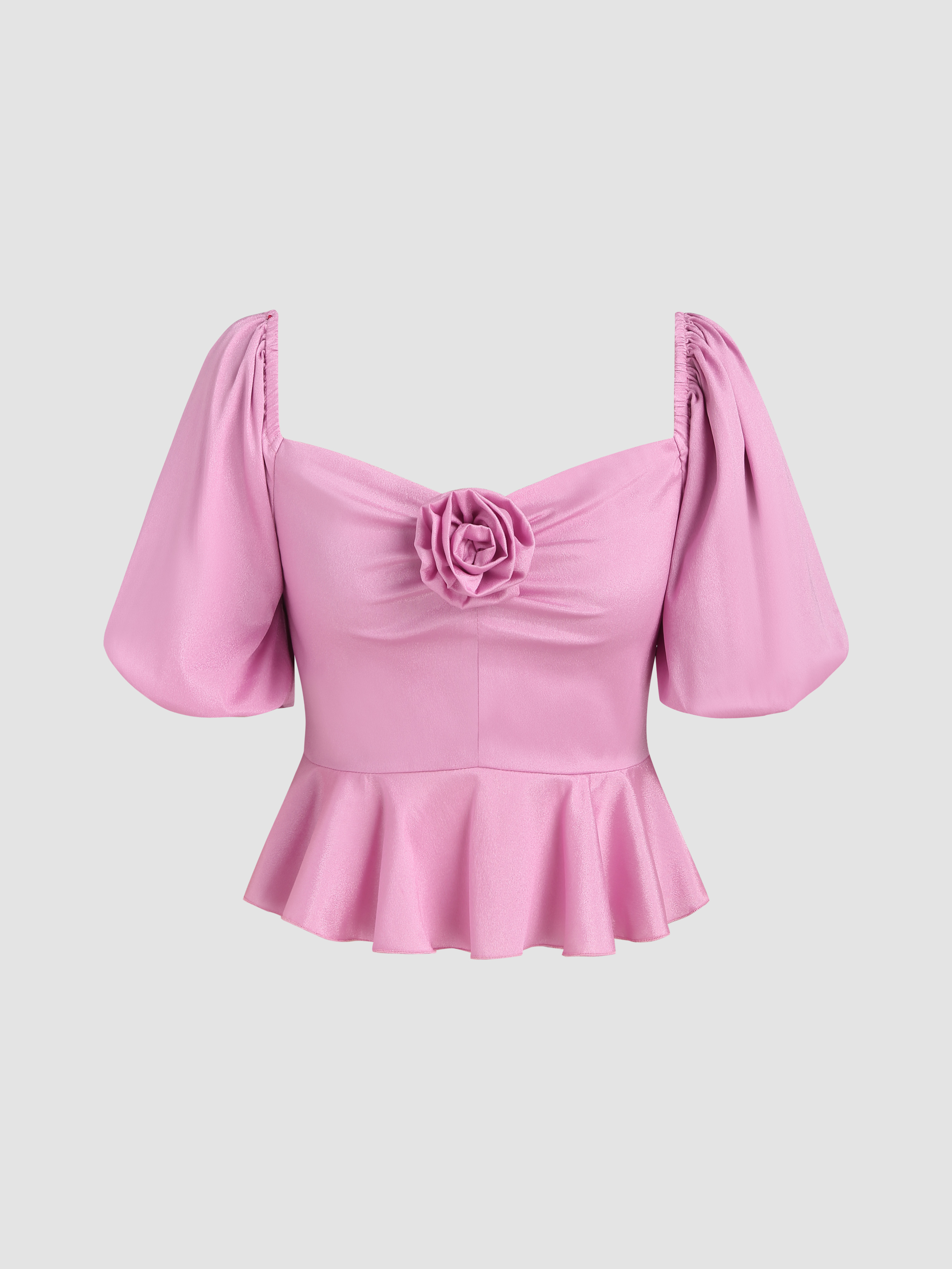 Rosette Ruffle Hem Puff Sleeve Blouse - Cider