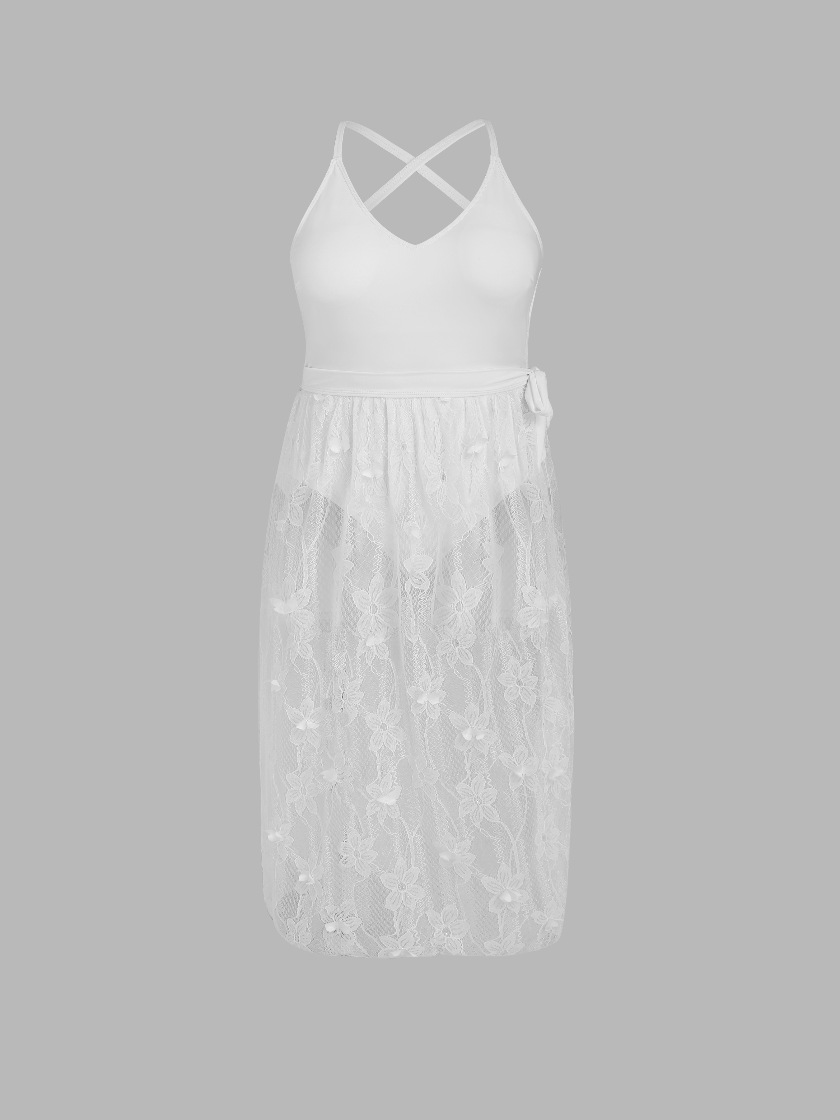 Tie Back One Piece Swimsuit With Floral Lace Sarong Curve & Plus For ...