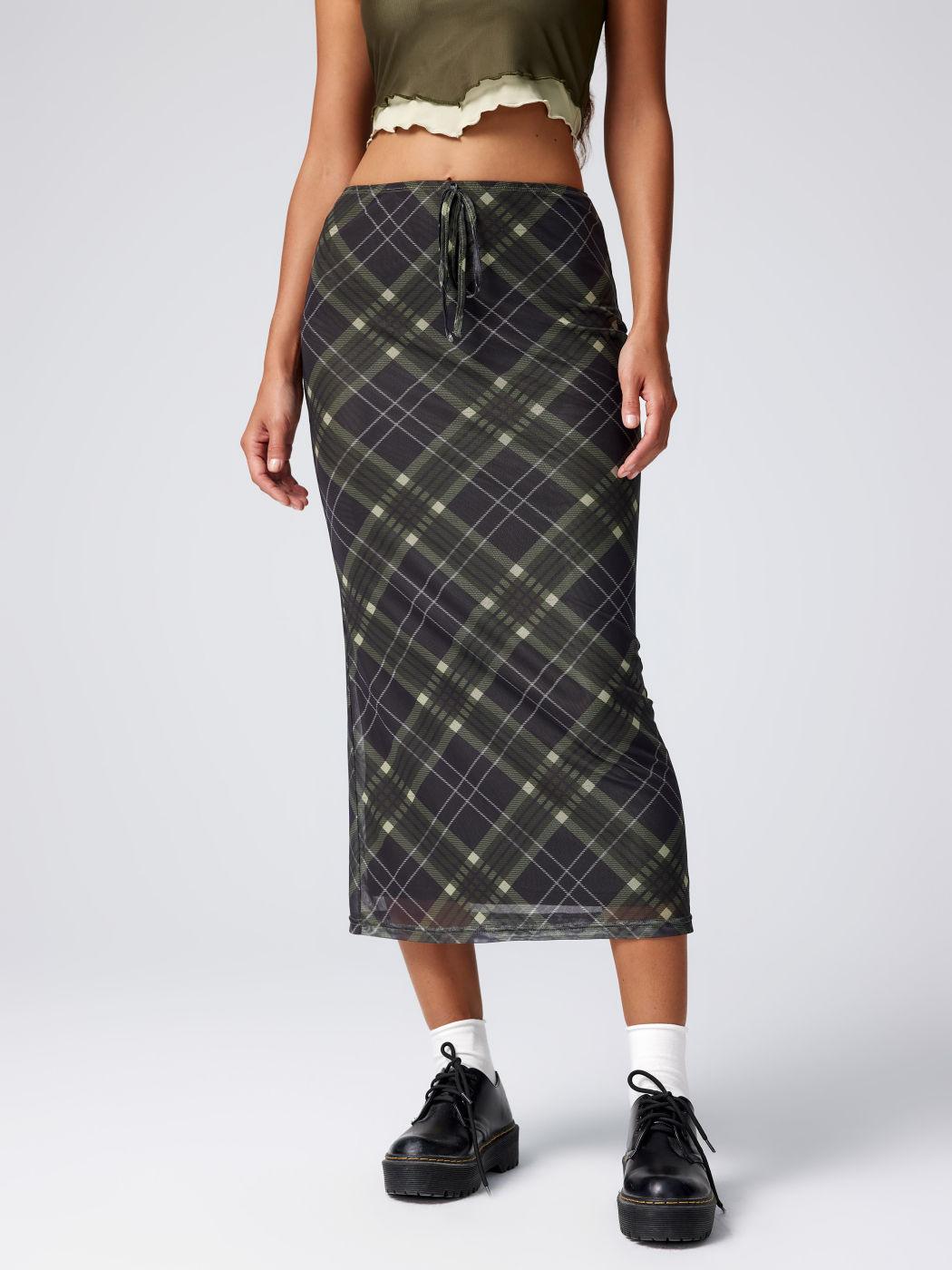 Chiffon Check Mid Waist Knotted Maxi Skirt For Daily Casual School