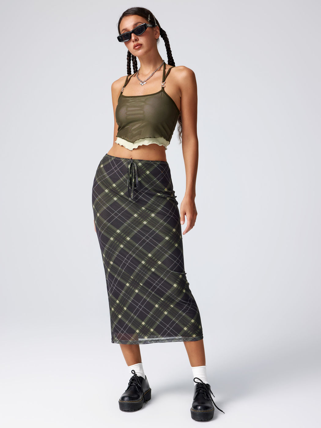 Chiffon Check Mid Waist Knotted Maxi Skirt For Daily Casual School