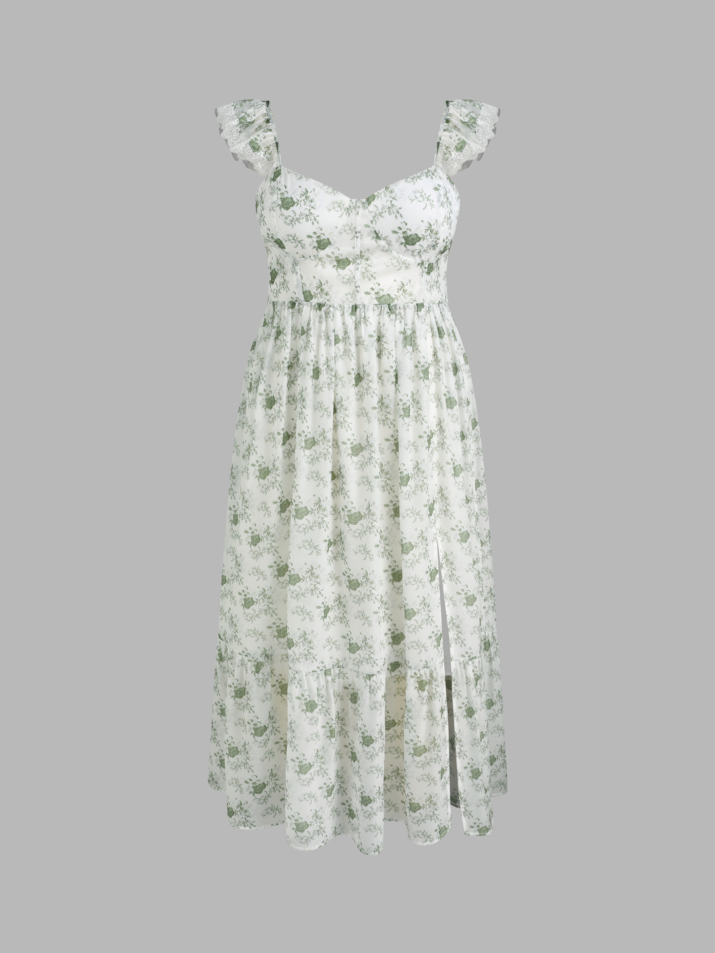 Chiffon Floral Sweetheart Ruffle Split Maxi Dress Curve And Plus For