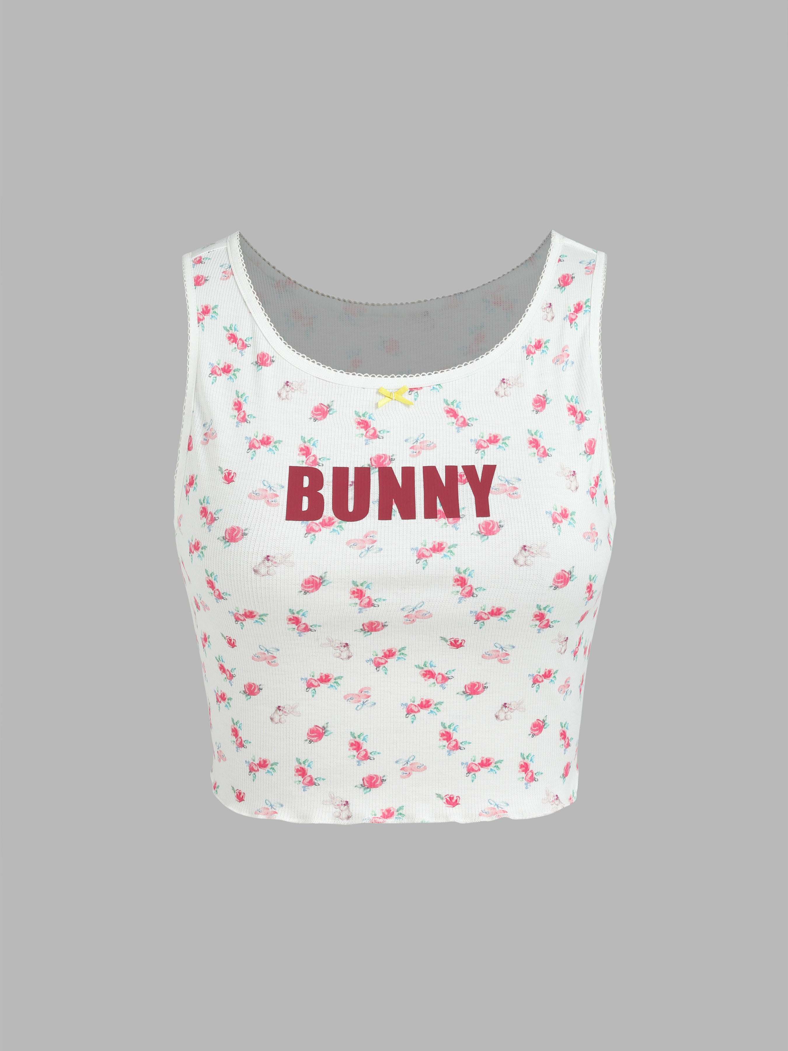 Bunny Floral Knit Crop Tank Top For Daily Casual Vacation