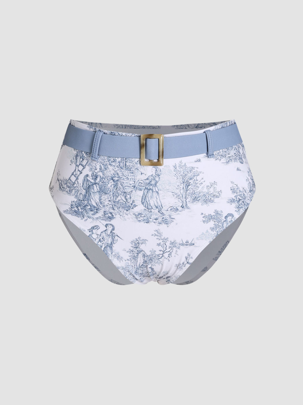 Knit Fabric Toile de Jouy Belted Bikini Bottom For Daily Casual Vacation