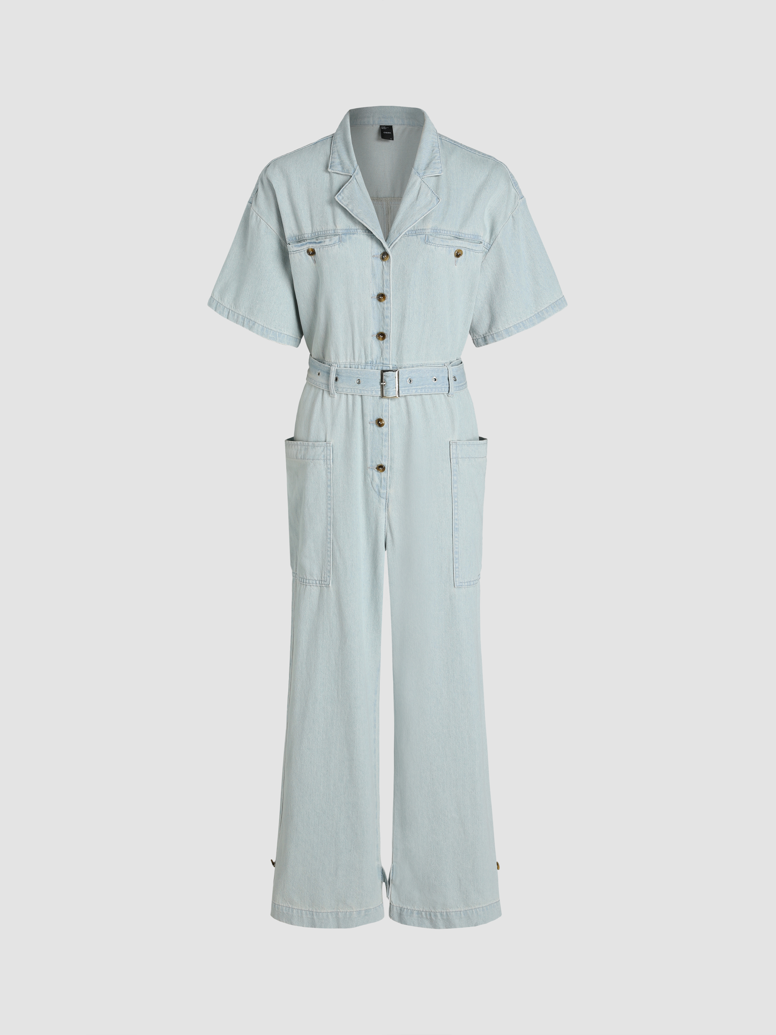 Denim Denim Collar Button Up Belted Jumpsuit For Daily Casual