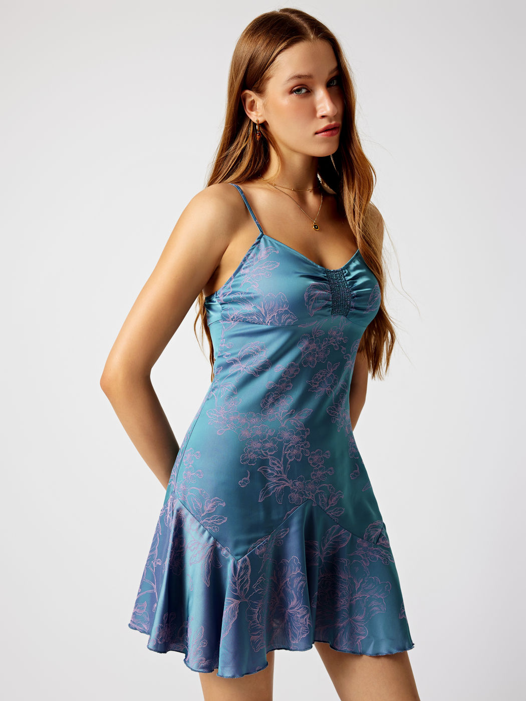 Floral Ruffle Hem Satin Mini Dress For Daily Casual Date