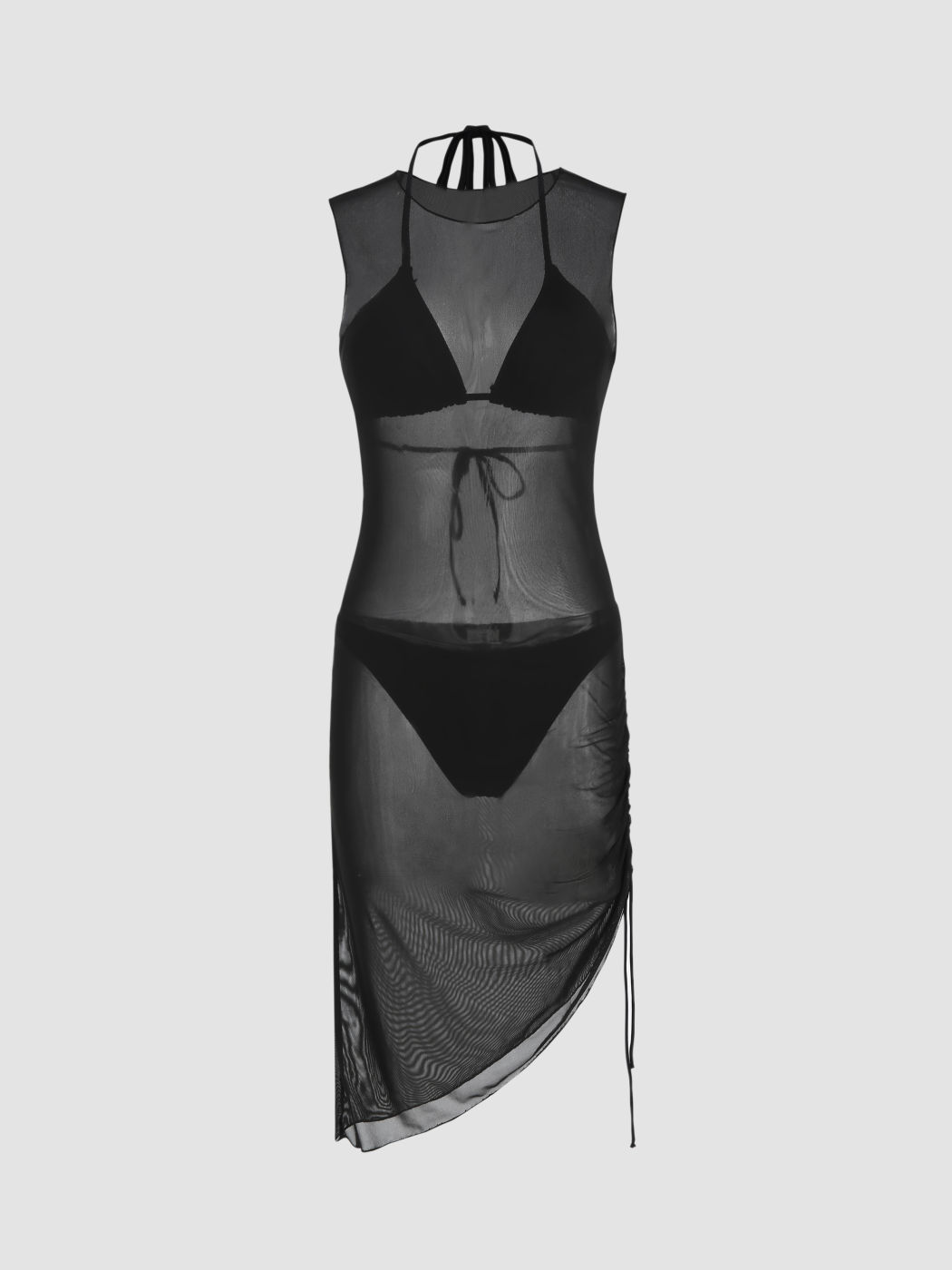 Mesh Knit Fabric Halter Triangle Bikini Swimsuit With Mesh Cover Up