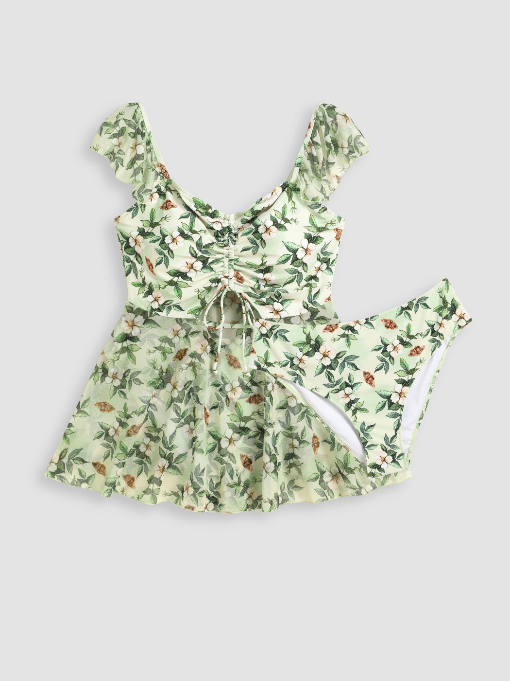 Curve & Plus Floral & Leaf Ruffle Swim Dress With Bikini Bottom For ...
