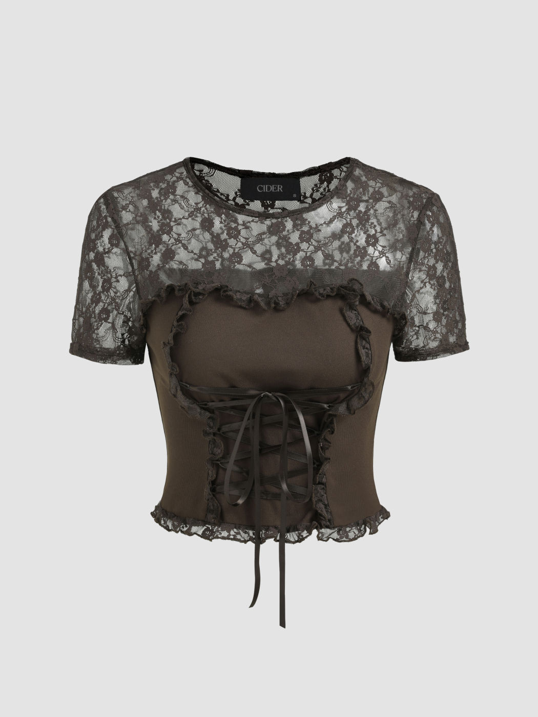 Floral Sheer Lace Up Short Sleeve Tee - Cider