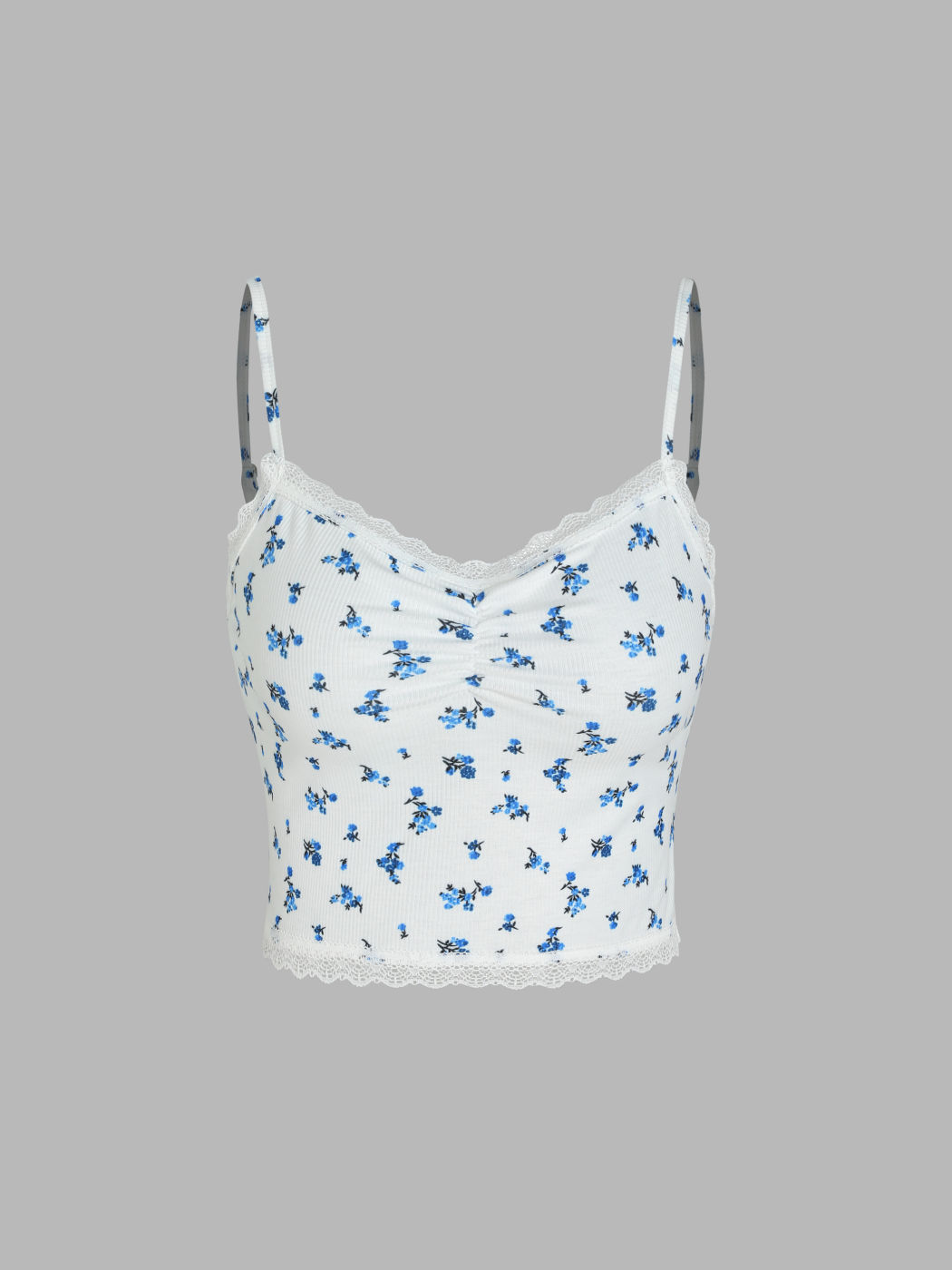 Floral V Neck Ruched Lace Trim Crop Cami Top Cider