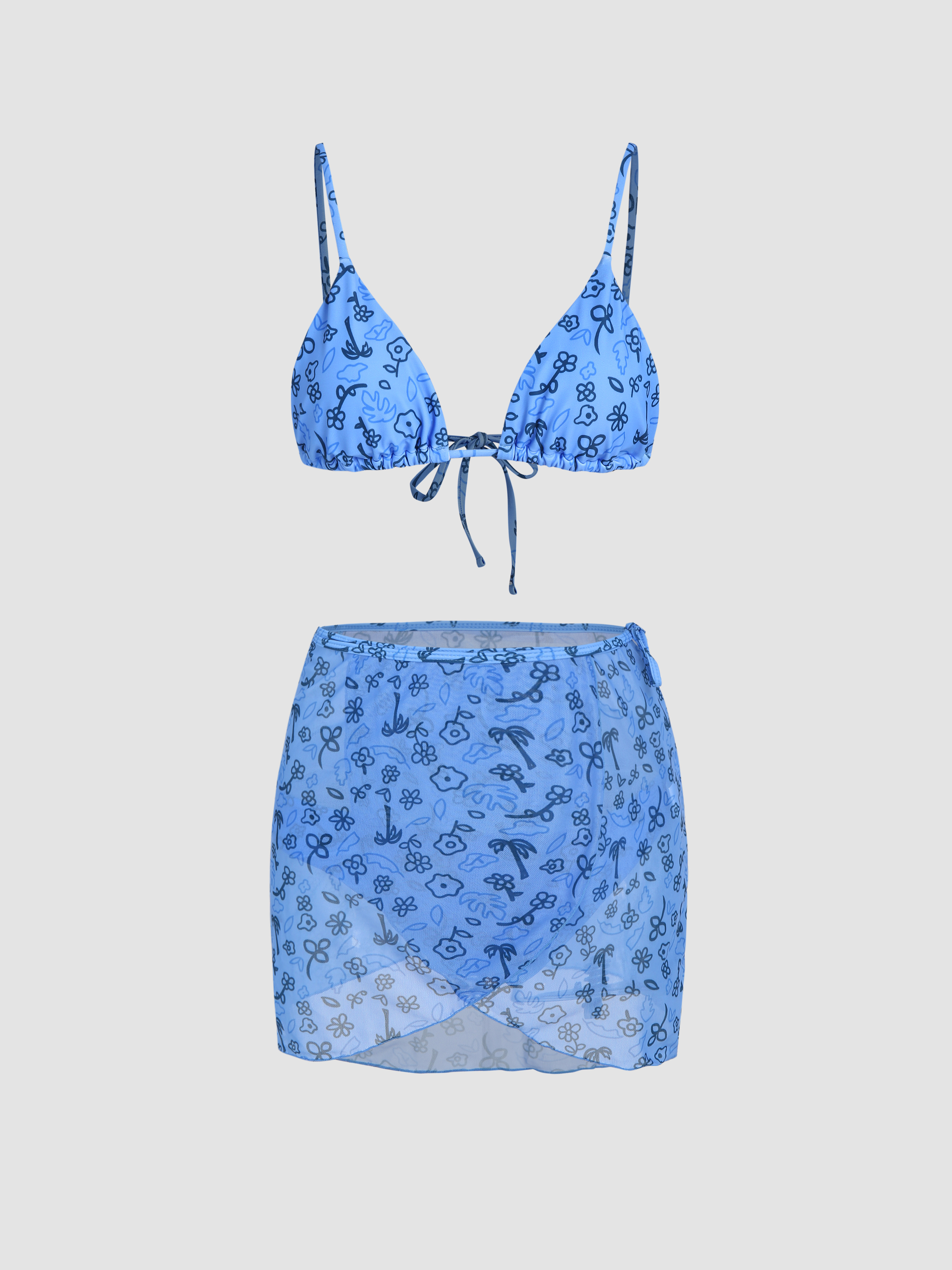 Floral Triangle Bikini Swimsuit With Beach Skirt For Vacation Swimming