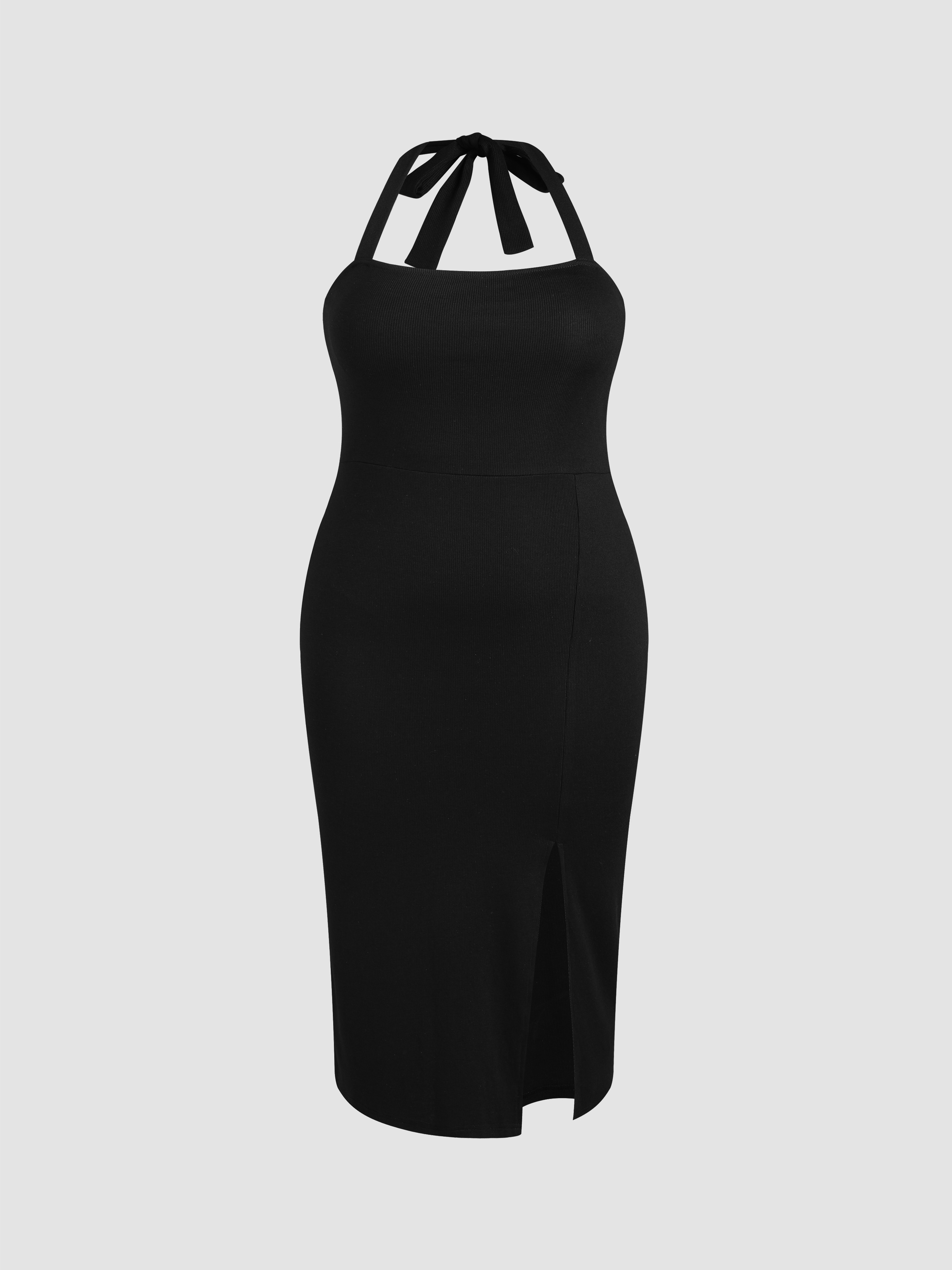 Curve & Plus Knotted Halter Split Midi Dress For Daily Casual Date