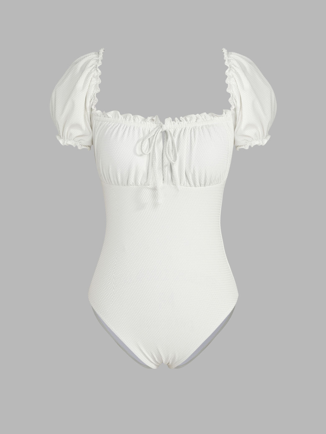 Knit Fabric Puff Sleeve Ruched One Piece Swimsuit