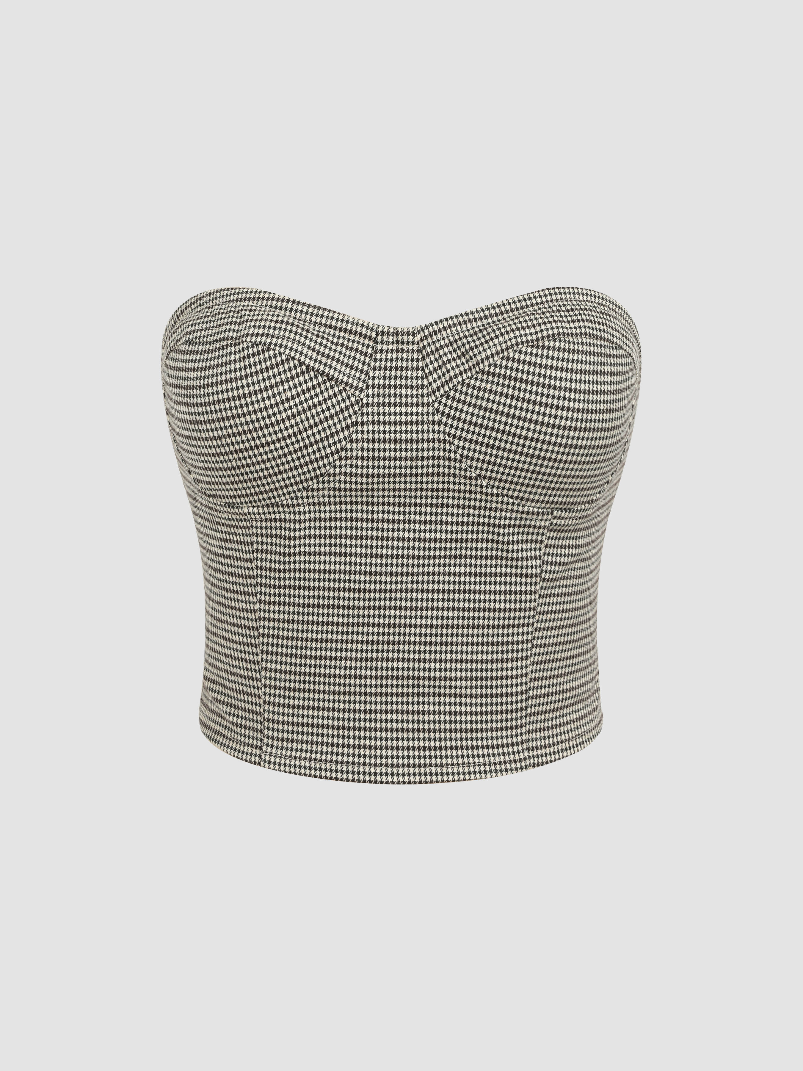 Houndstooth Sweetheart Tube Crop Top For Daily Casual