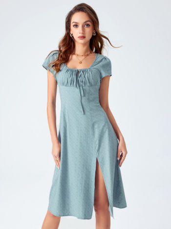 Woven Geometric Knotted Split Midi Dress For Daily Casual Date