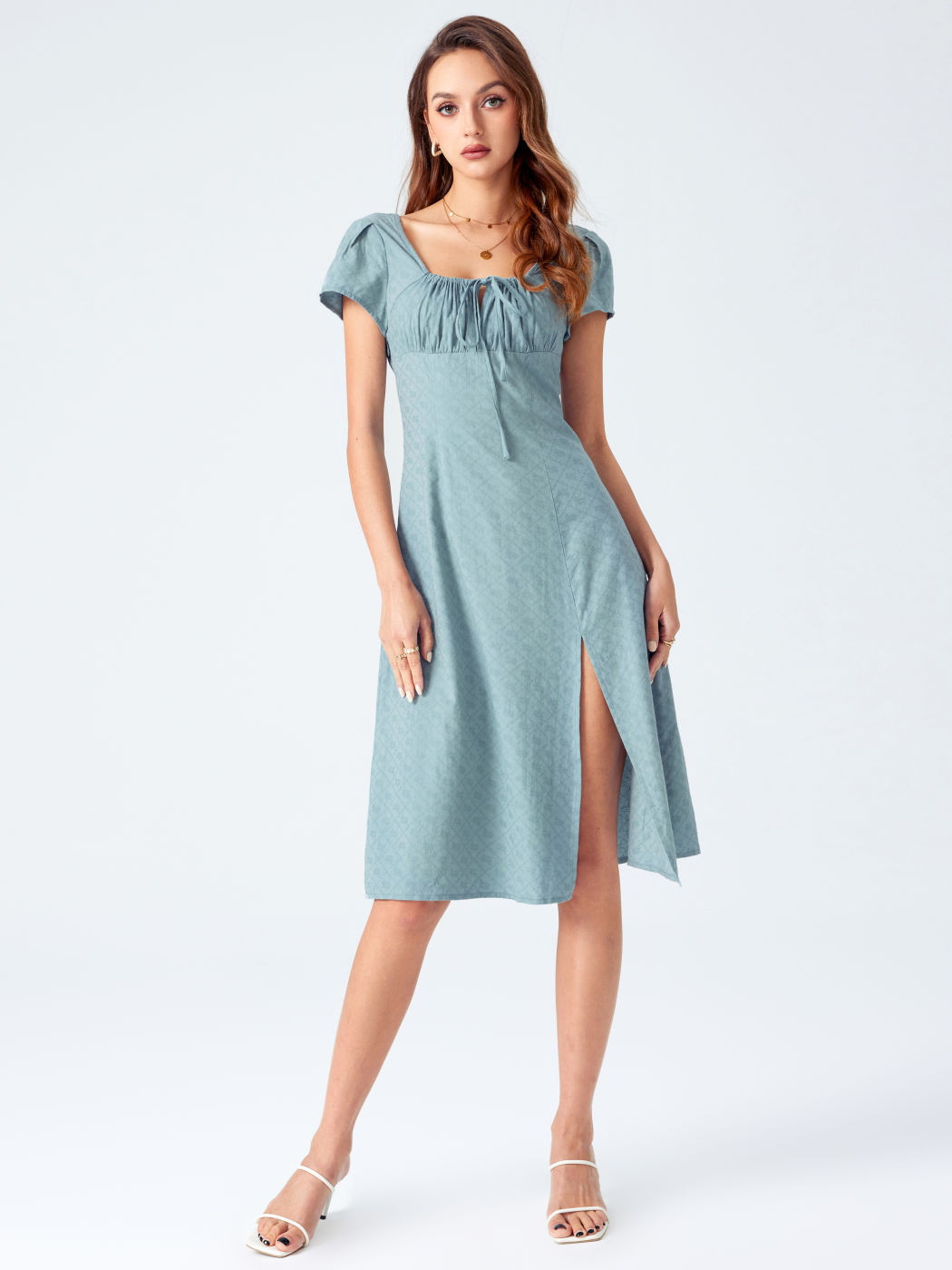 Woven Geometric Knotted Split Midi Dress For Daily Casual Date