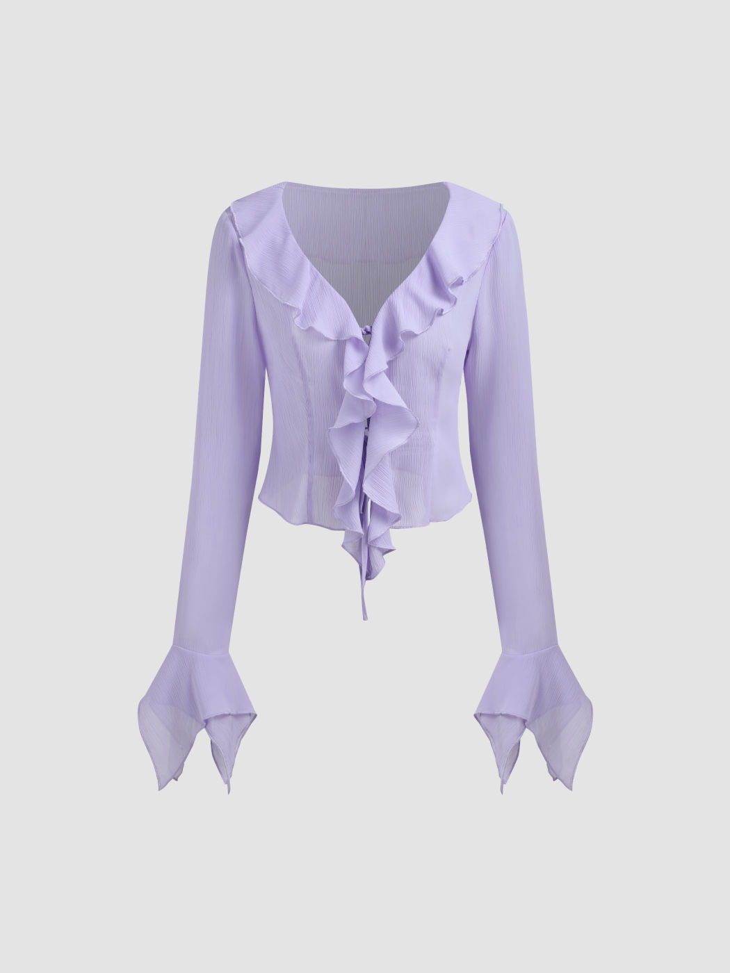 Texture Ruffle Hem Long Sleeve Blouse For Vacation