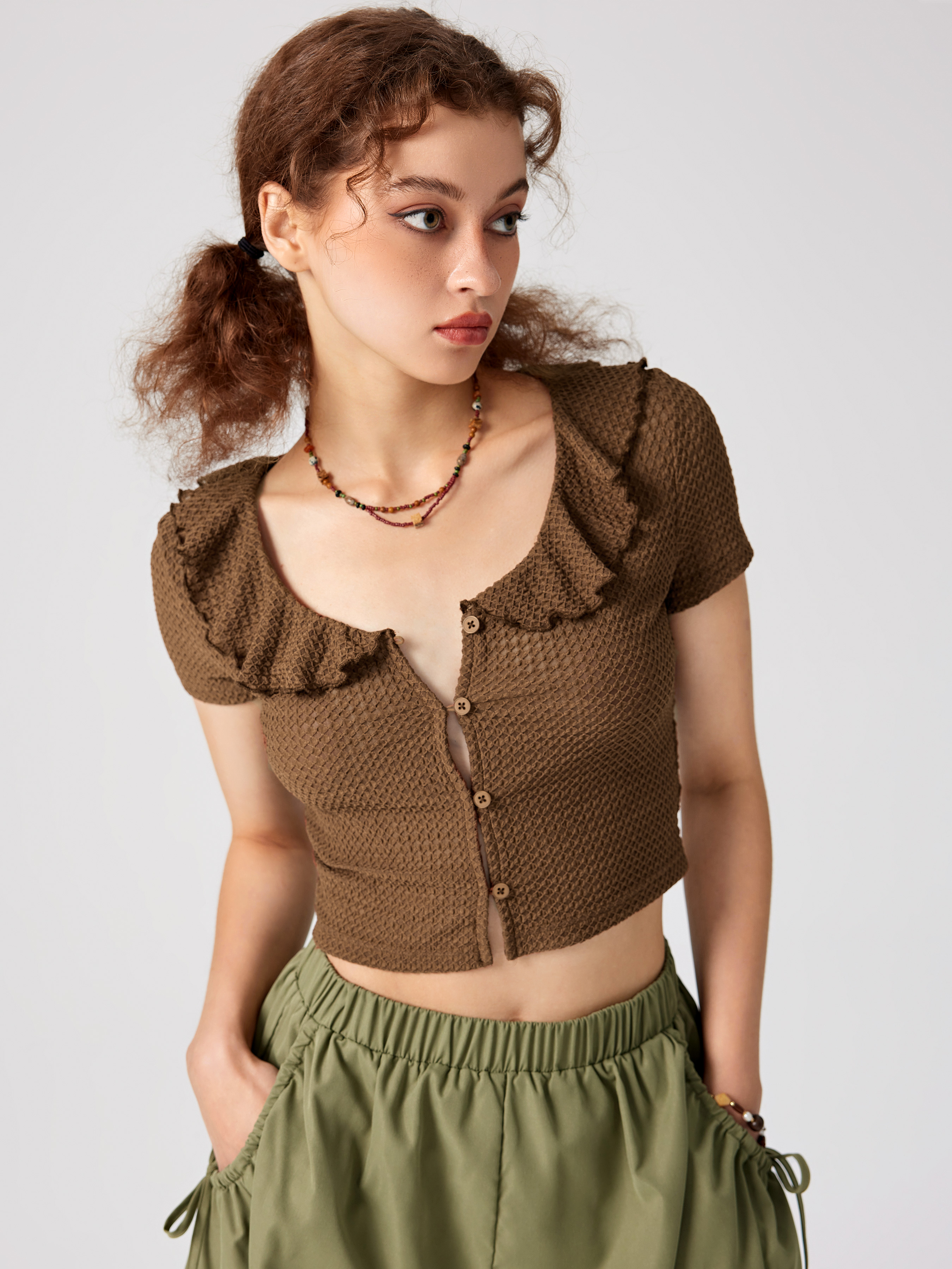 Knit Button Up Ruffle Hem Short Sleeve Top For Daily Casual Vacation