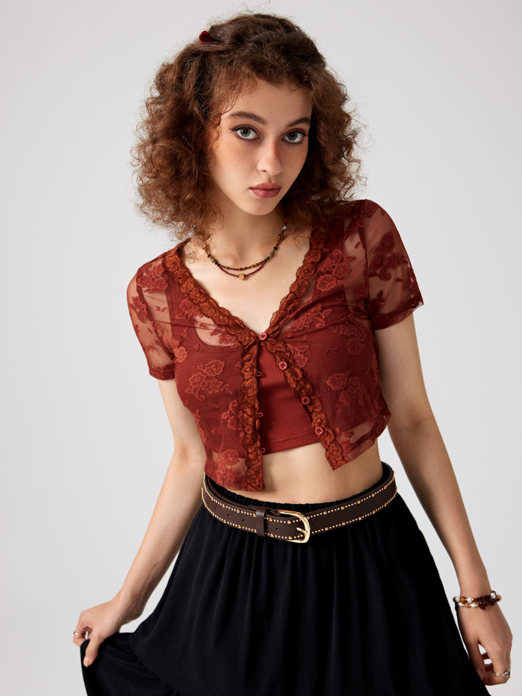 Floral Lace Sheer Short Sleeve Tee & Crop Tank Top - Cider