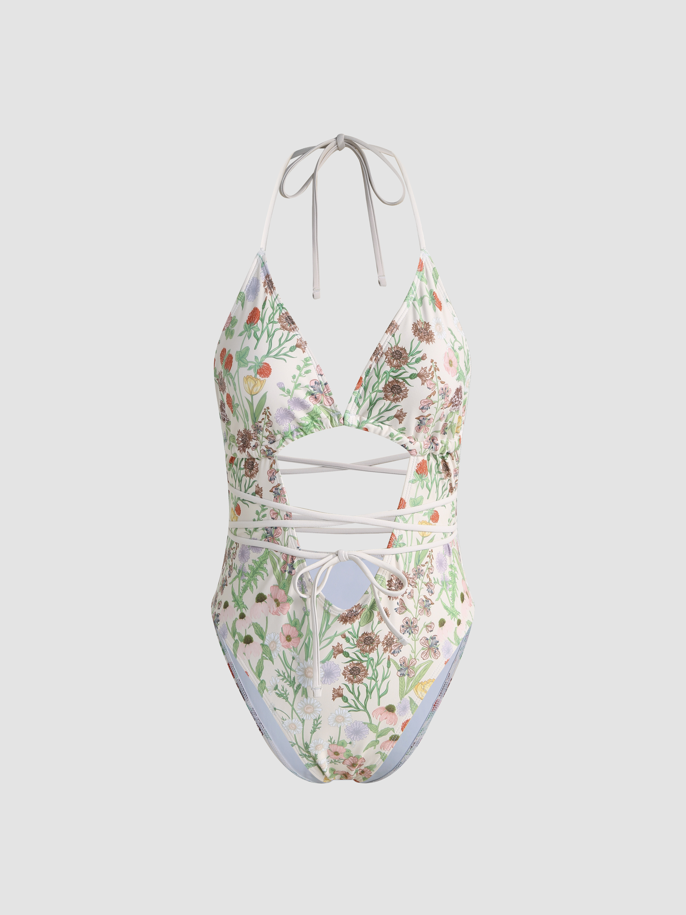 Floral Cut Out Knotted Halter One Piece Swimsuit For Vacation Swimming