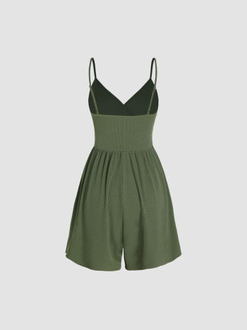 Knit Fabric Solid V Neck Wide Leg Romper For Daily Casual Outdoor Home