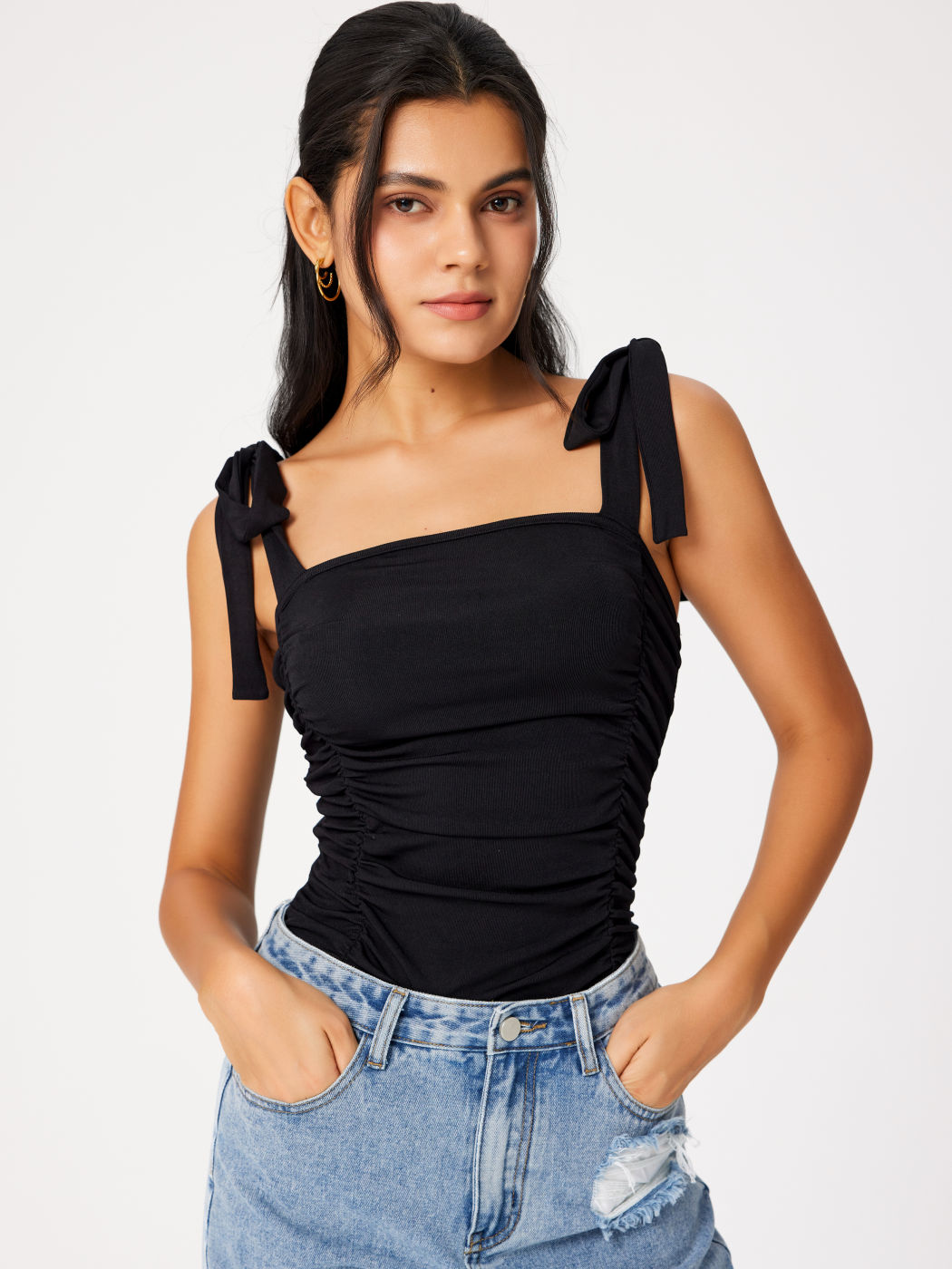 Knotted Ruched Square Neck Bodysuit For Daily Casual