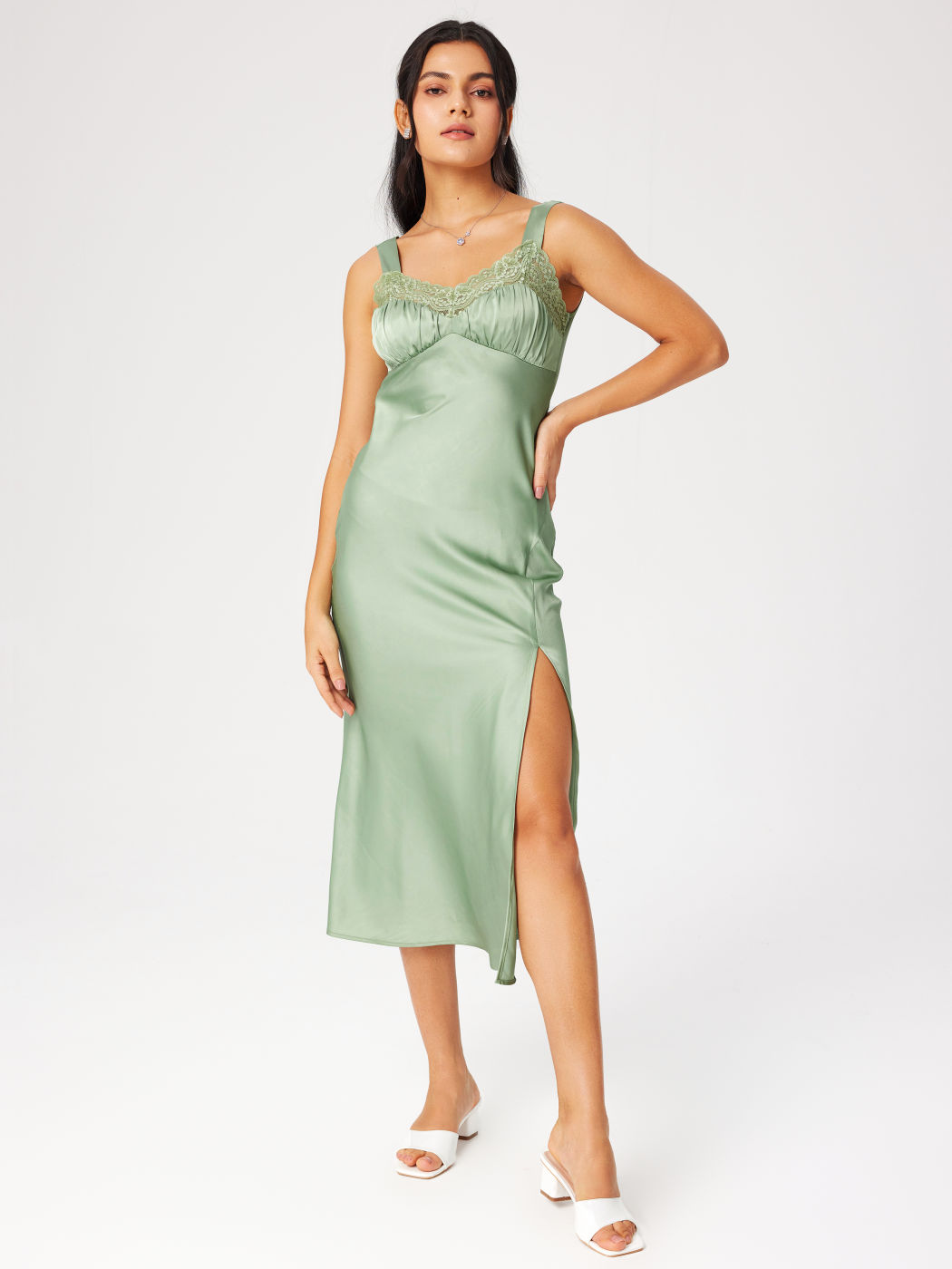 Satin Ruched V-neck Ruffle Split Midi Dress For Date