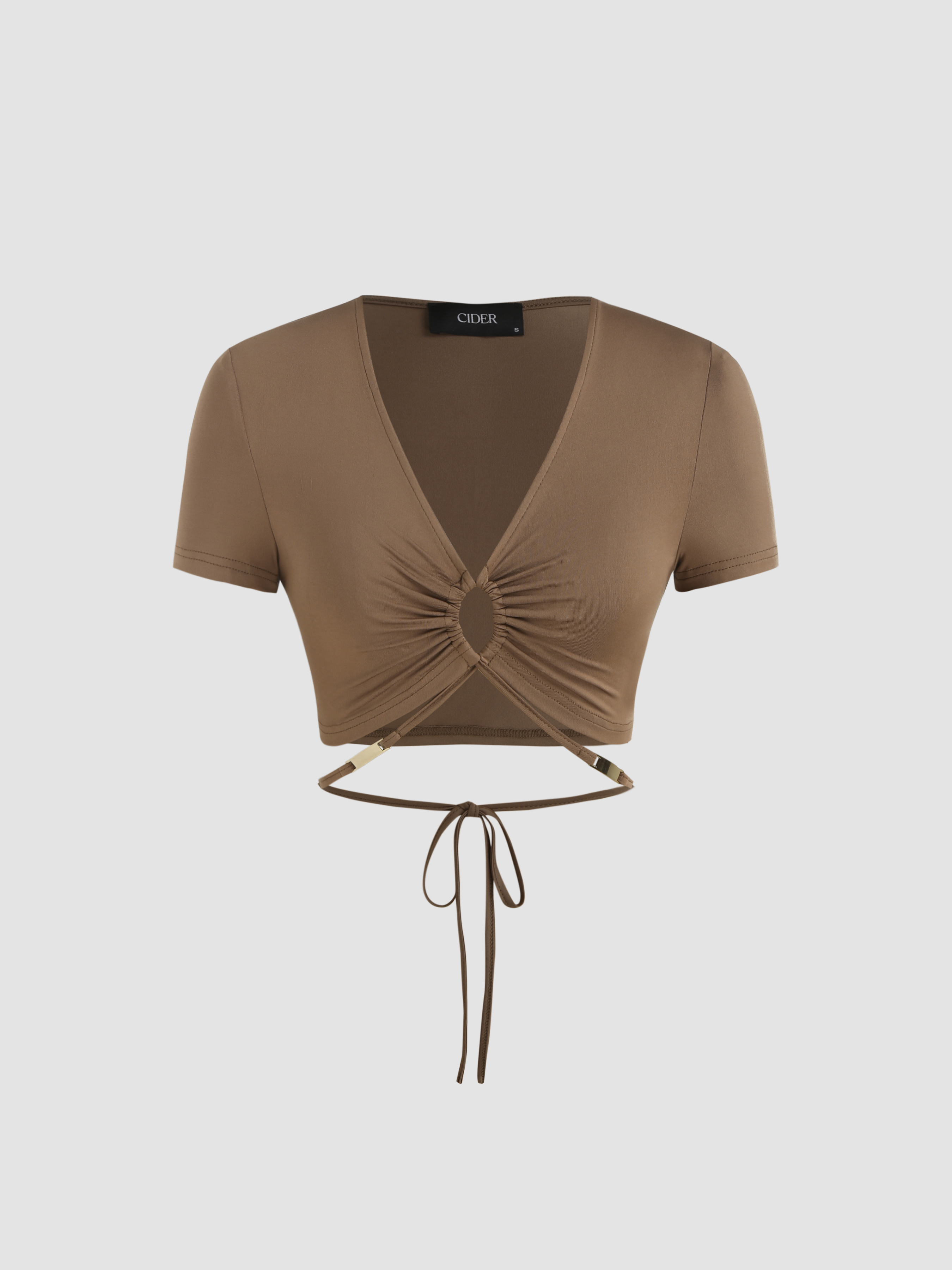 Knotted V-neck Cut Out Short Sleeve Top For Daily Casual