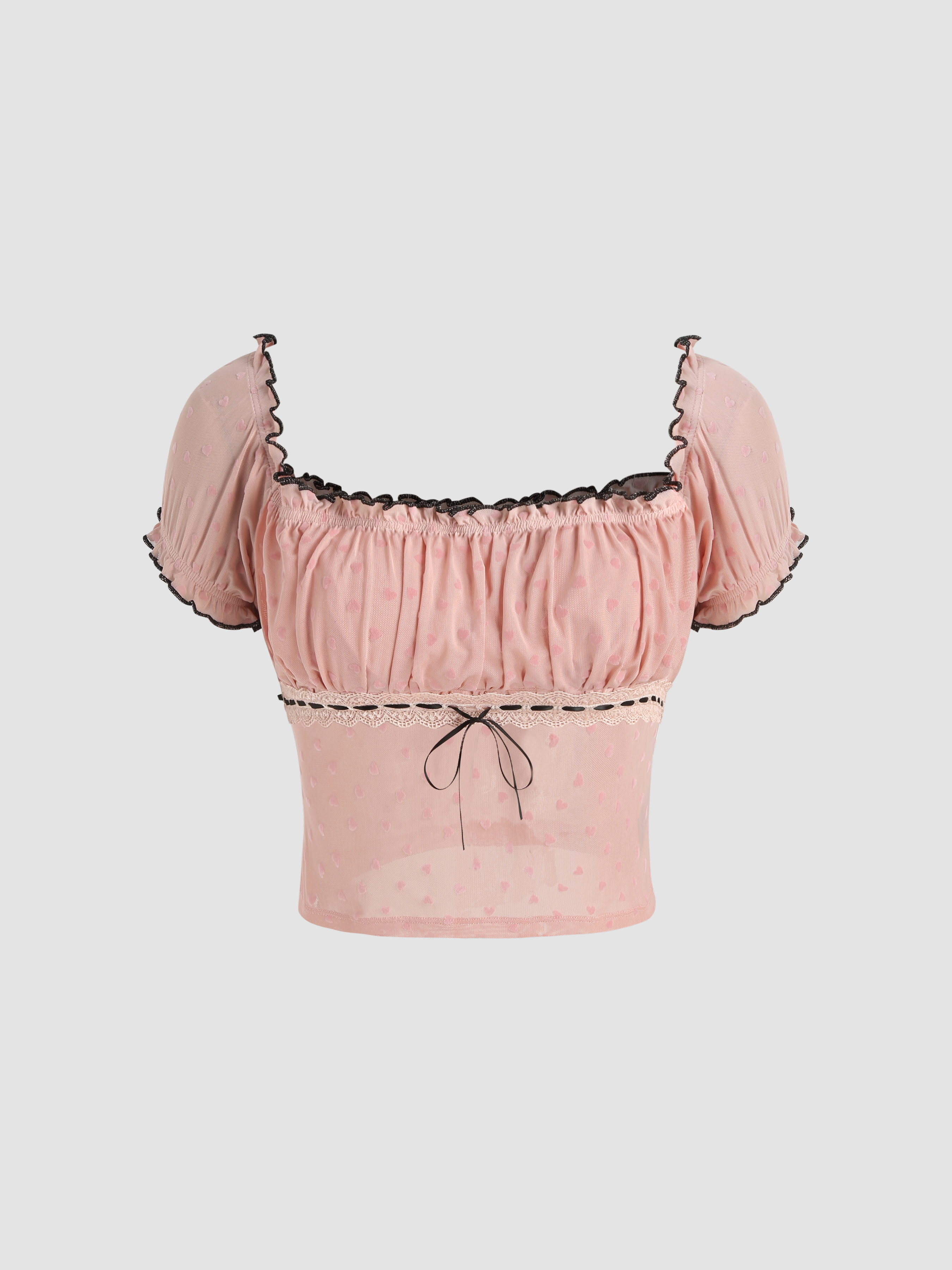 Heart Mesh Ruched Off-shoulder Crop Top For Daily Casual Date