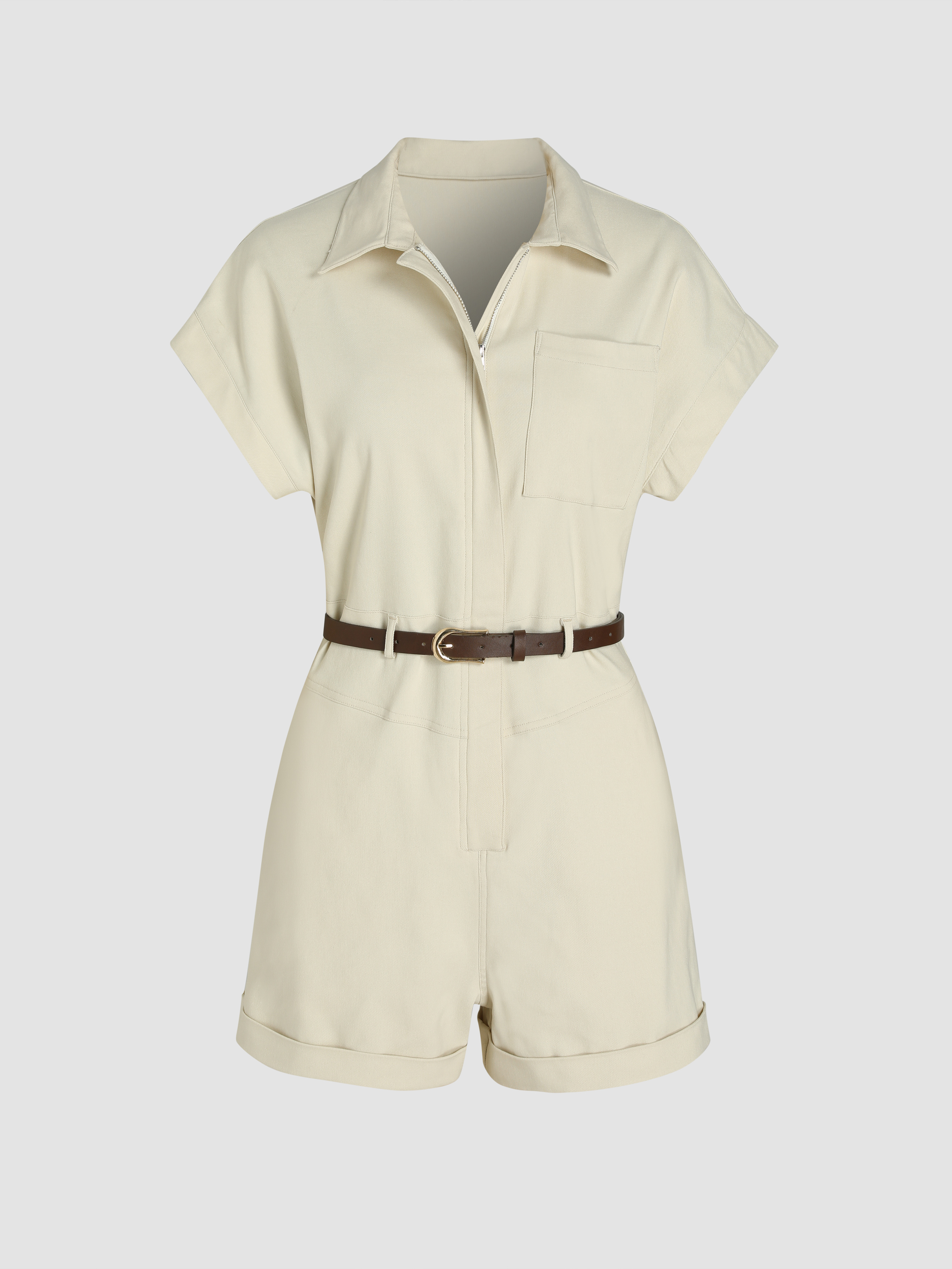 Collar Belted Zipper Short Sleeve Romper For Daily Casual