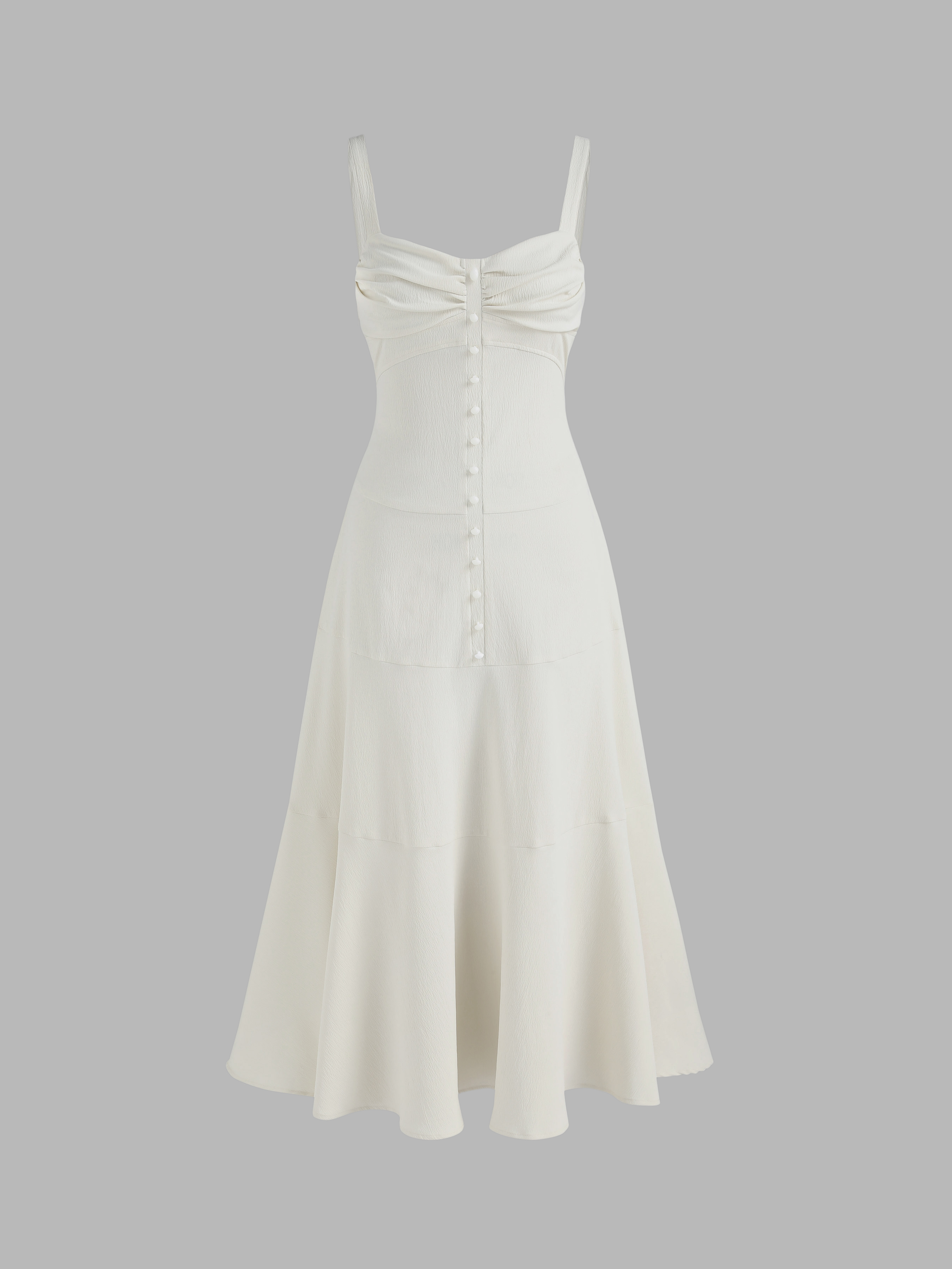 Woven Solid Texture Button Ruched Cami Maxi Dress For Coffee Shop Date Exhibition