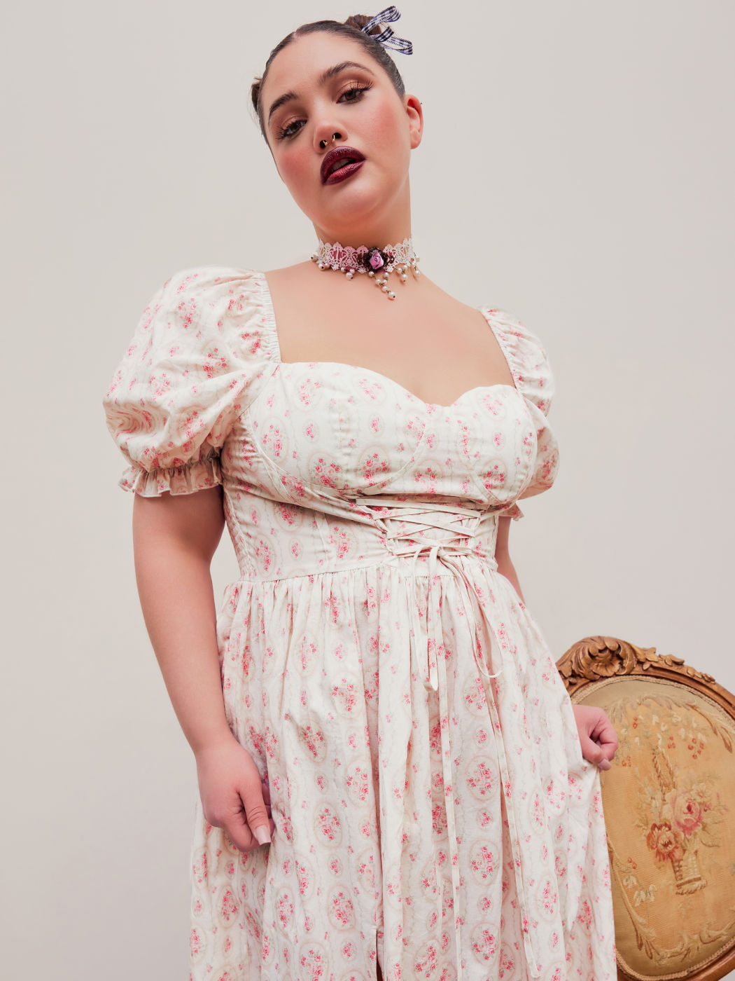 Curve And Plus Rose Pattern Corset Midi Dress For Vacation Holiday