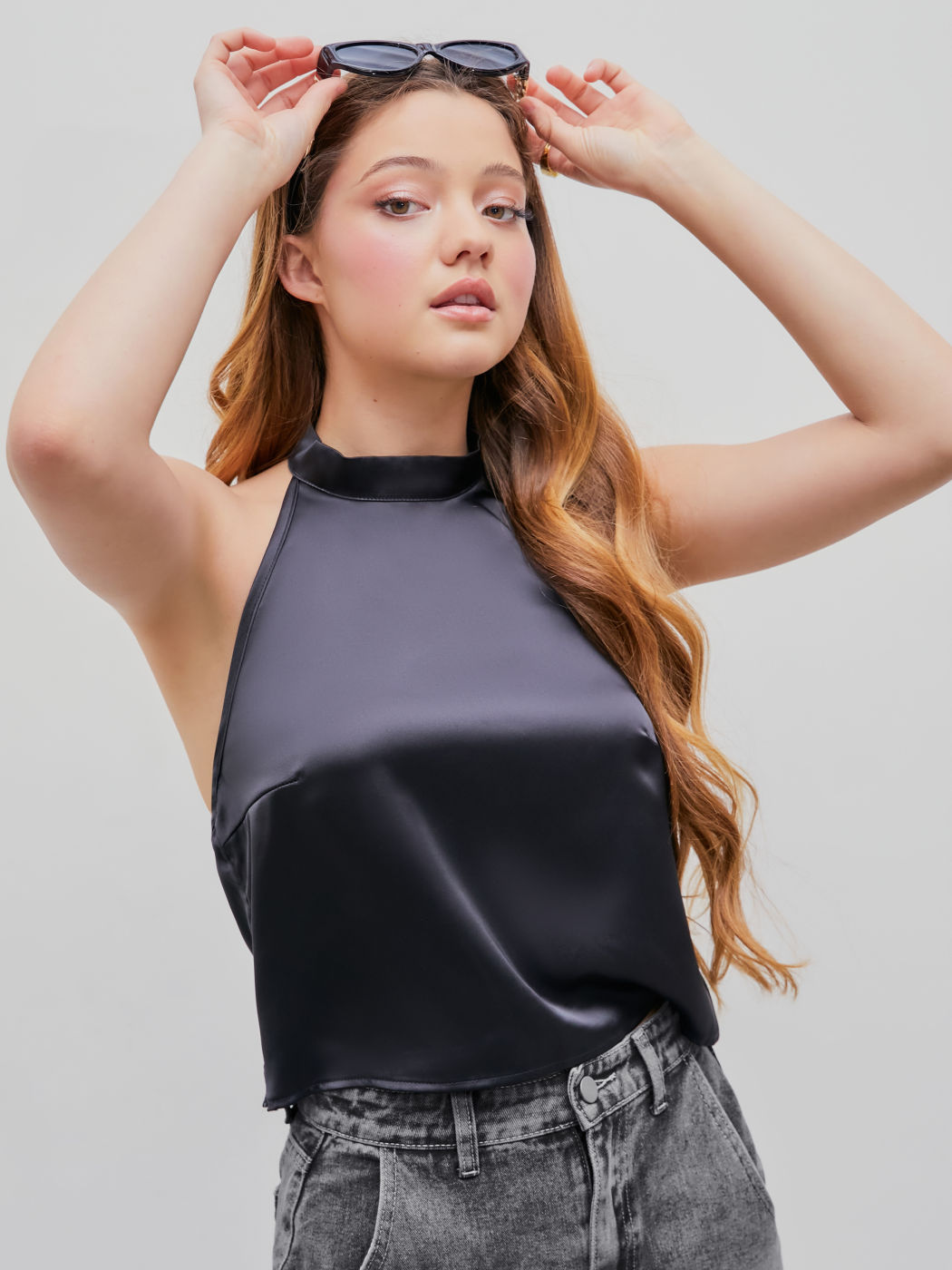 Satin Solid Halter Crop Top For Party/Clubbing