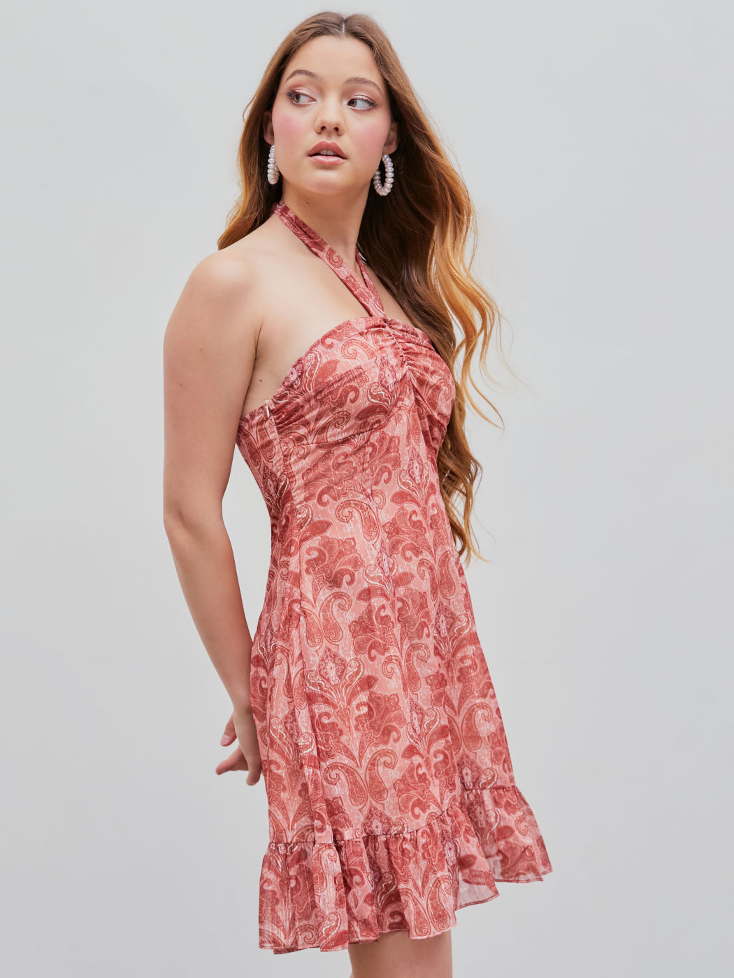 Sun Dresses Paisley Halter Ruffle Mini Dress For Date Vacation