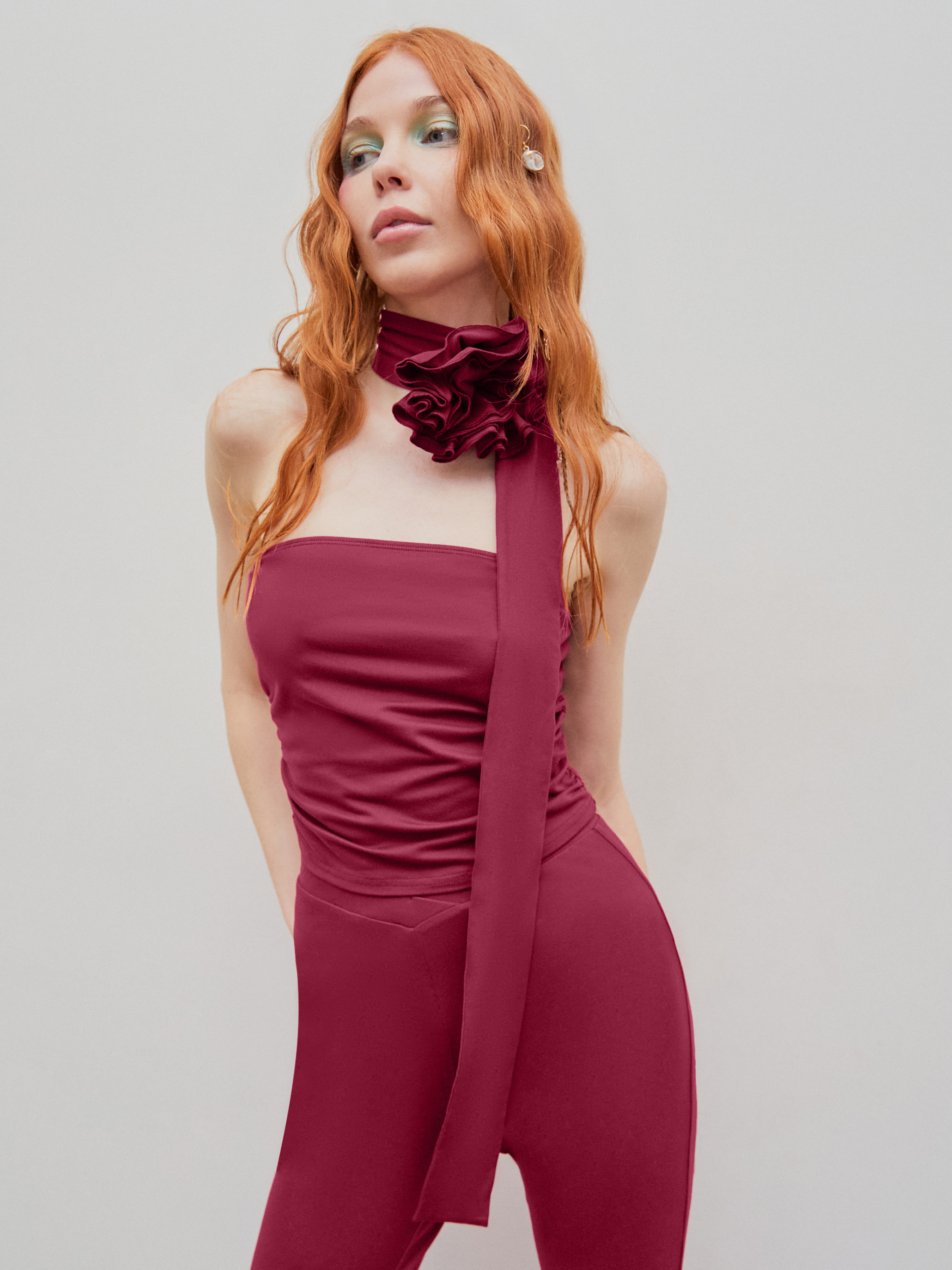 Rosette Ruched Knit Halter Tube Top - Cider