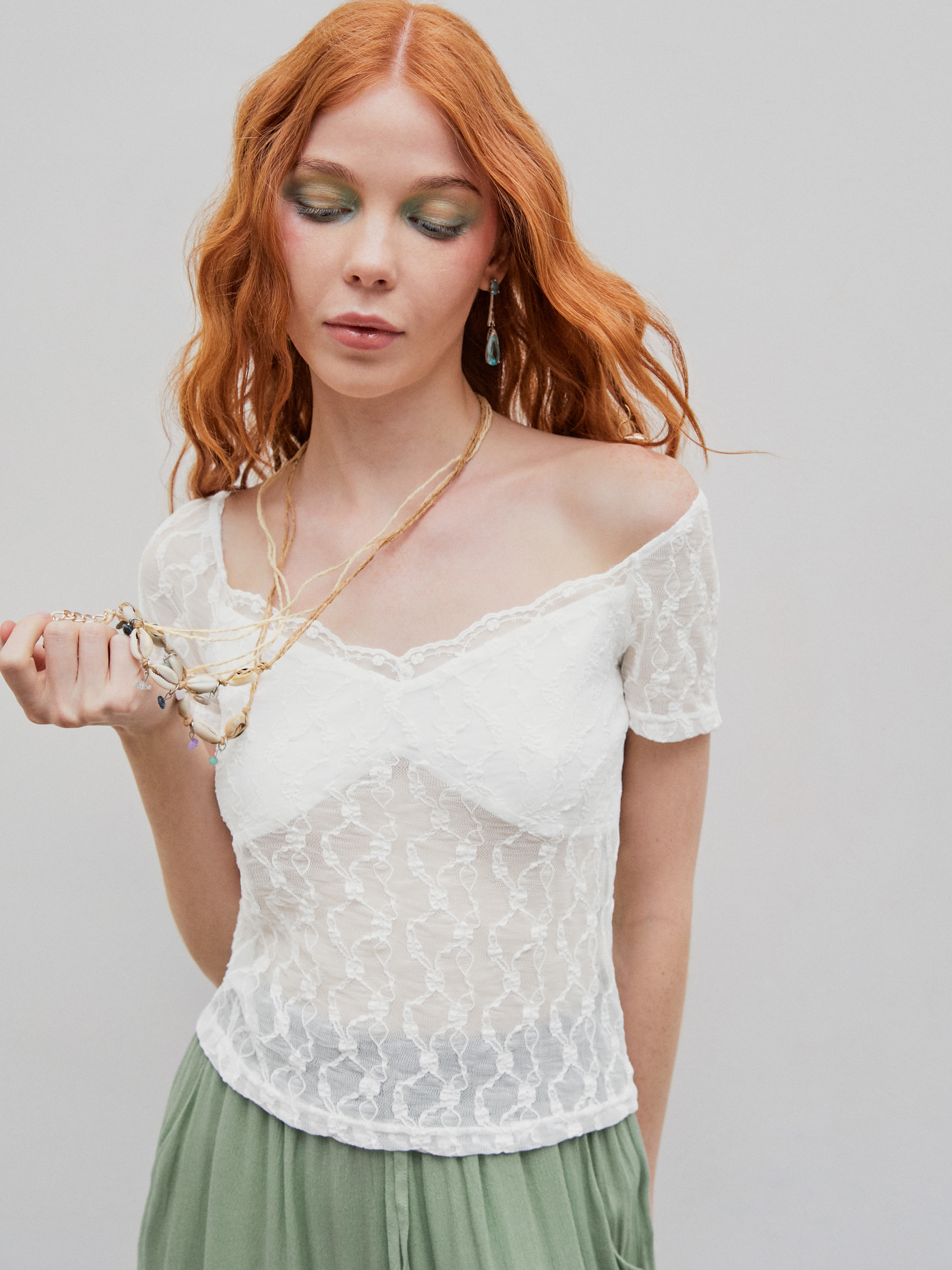 Floral Mesh Lace Trim Crop Top - Cider