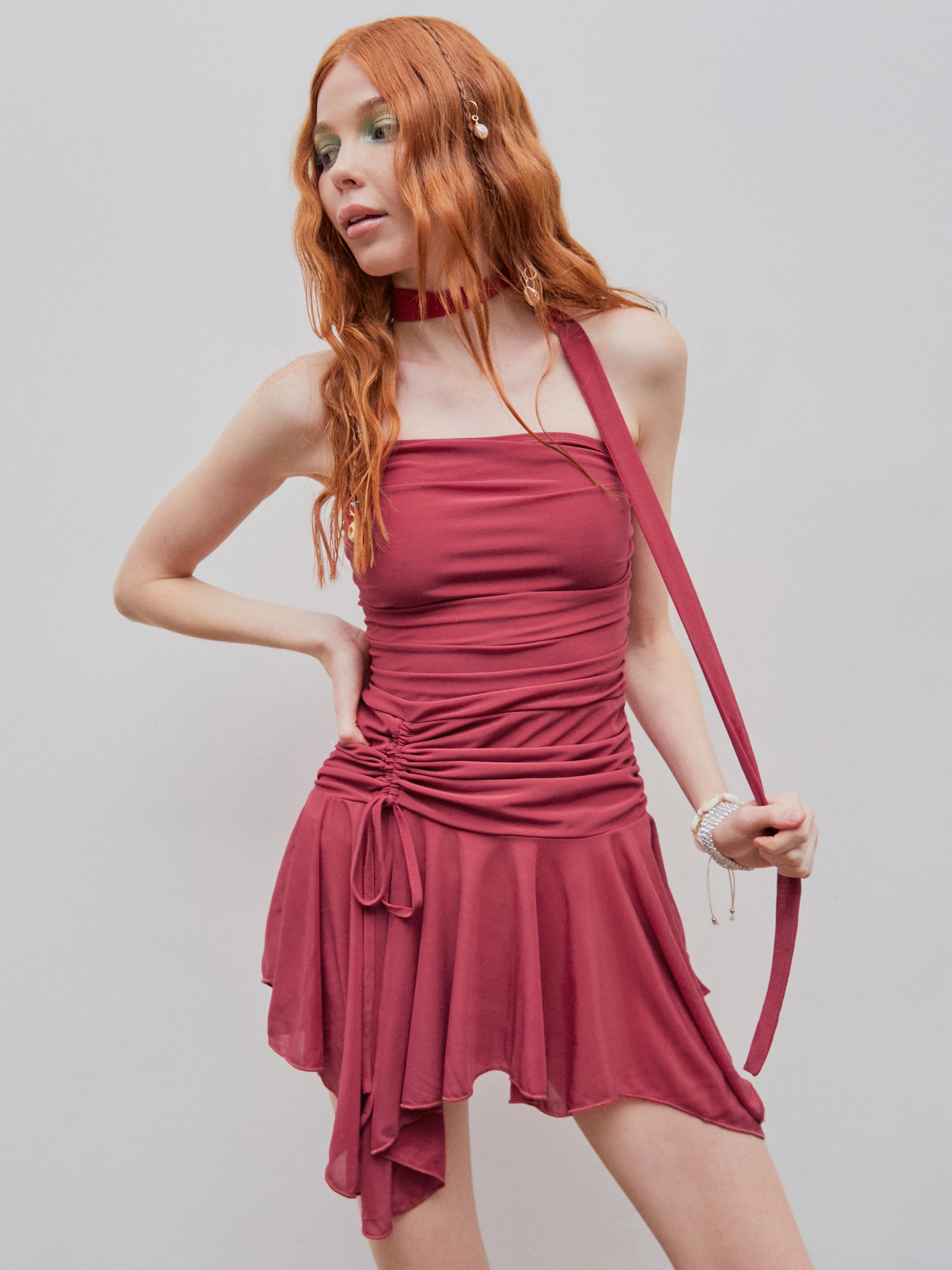 Drawstring Ruffle Hem Halter Mini Dress - Cider