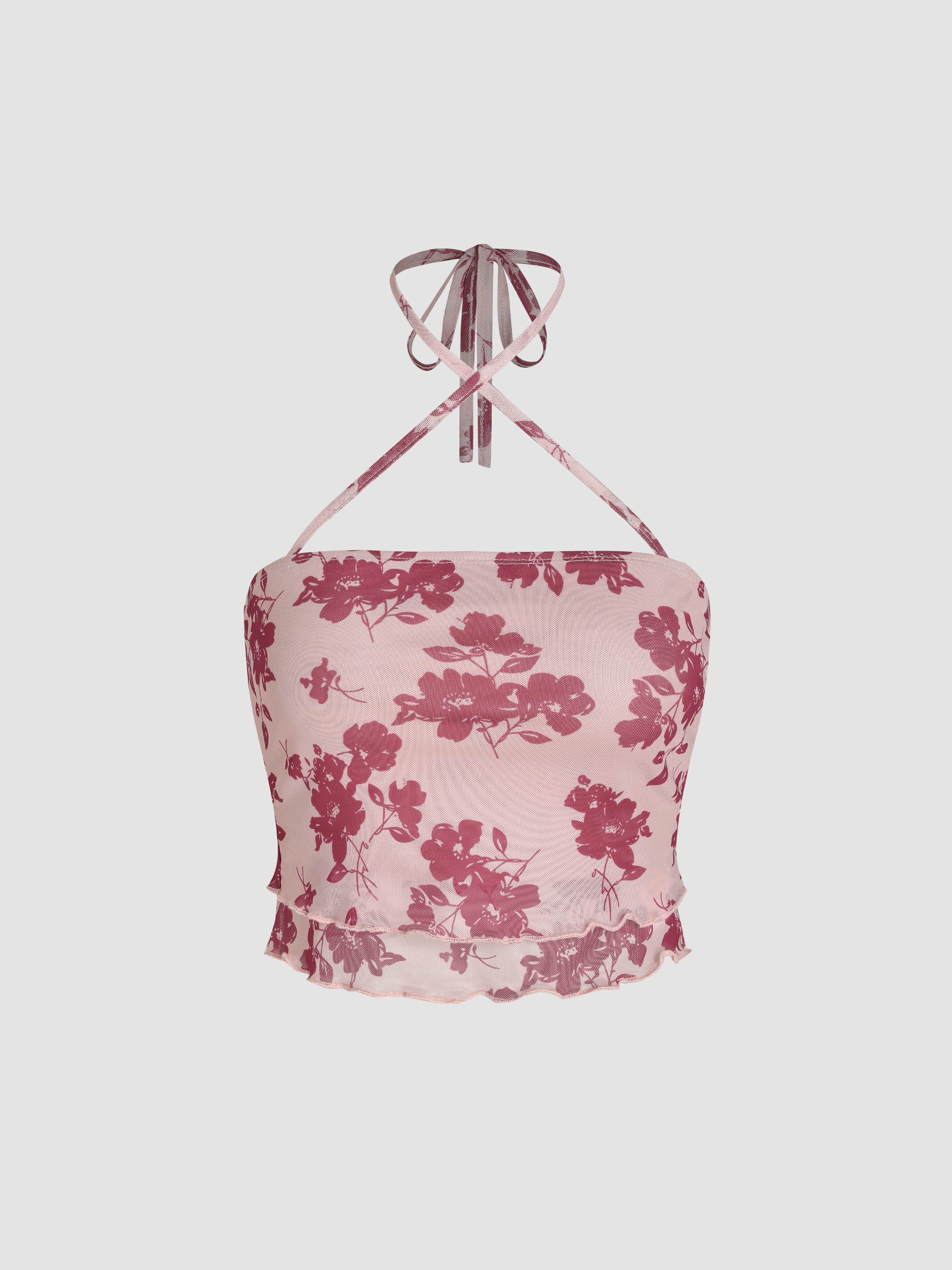 Floral Mesh Halter Tube Top For Date Vacation
