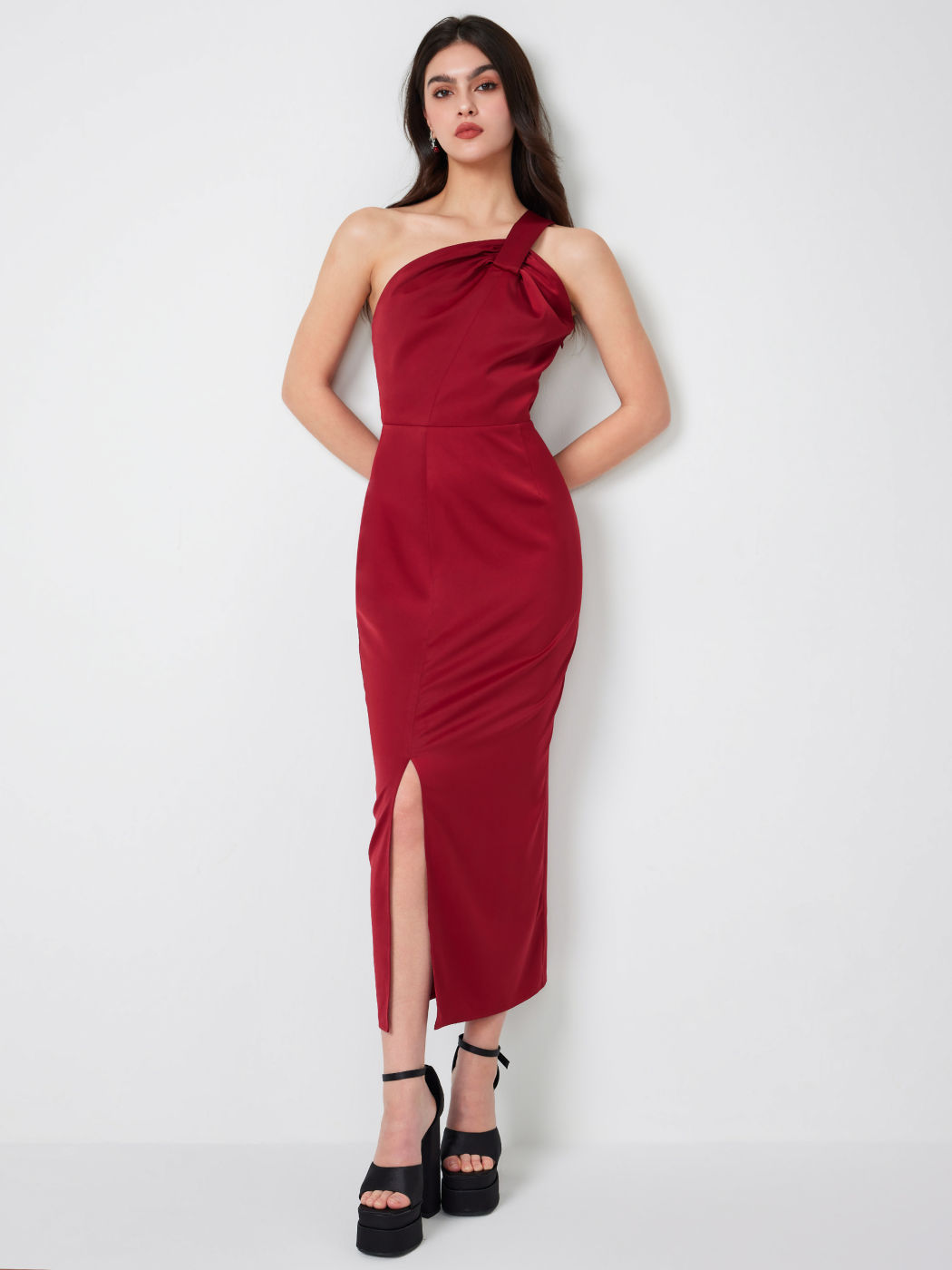 Asymmetrical Neck Split Satin Midi Dress - Cider