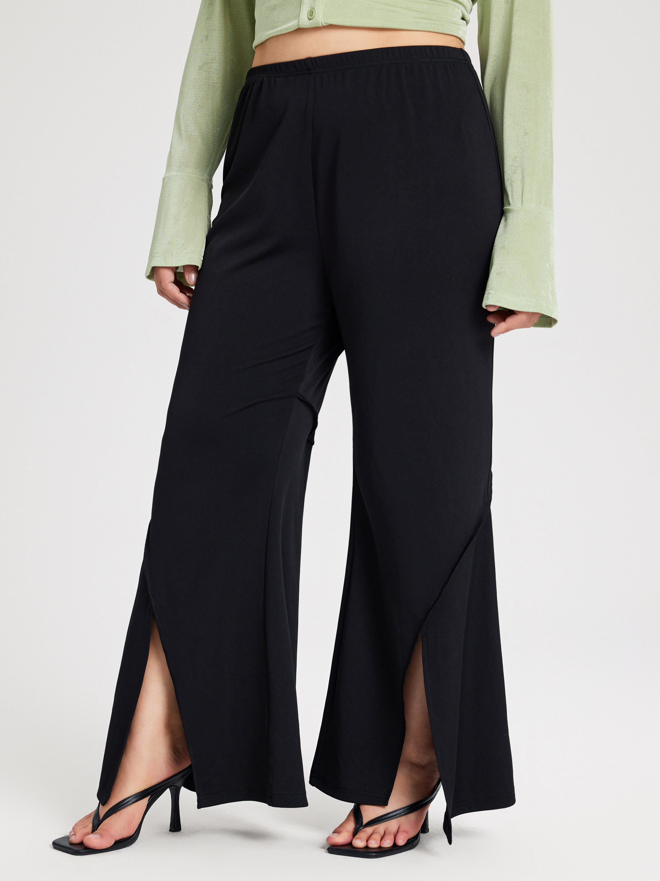 Knit Fabric Split Flare Leg Trousers Curve & Plus For Daily Casual