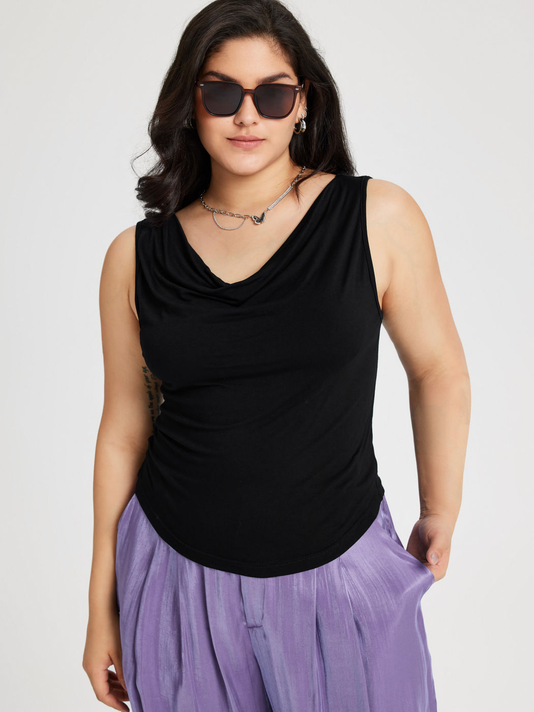 Knit Fabric Cowl Neck Tank Top Curve & Plus For Daily Casual